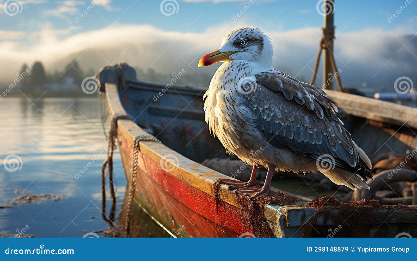 Seagull Flying Over Tranquil Sea, Sailing Ship Moored on Dock Generated ...