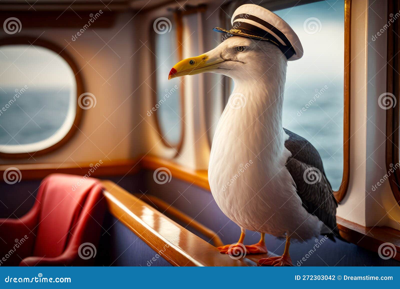 Seagull with Hat is Sitting on the Edge of Boat Looking Out the Window ...