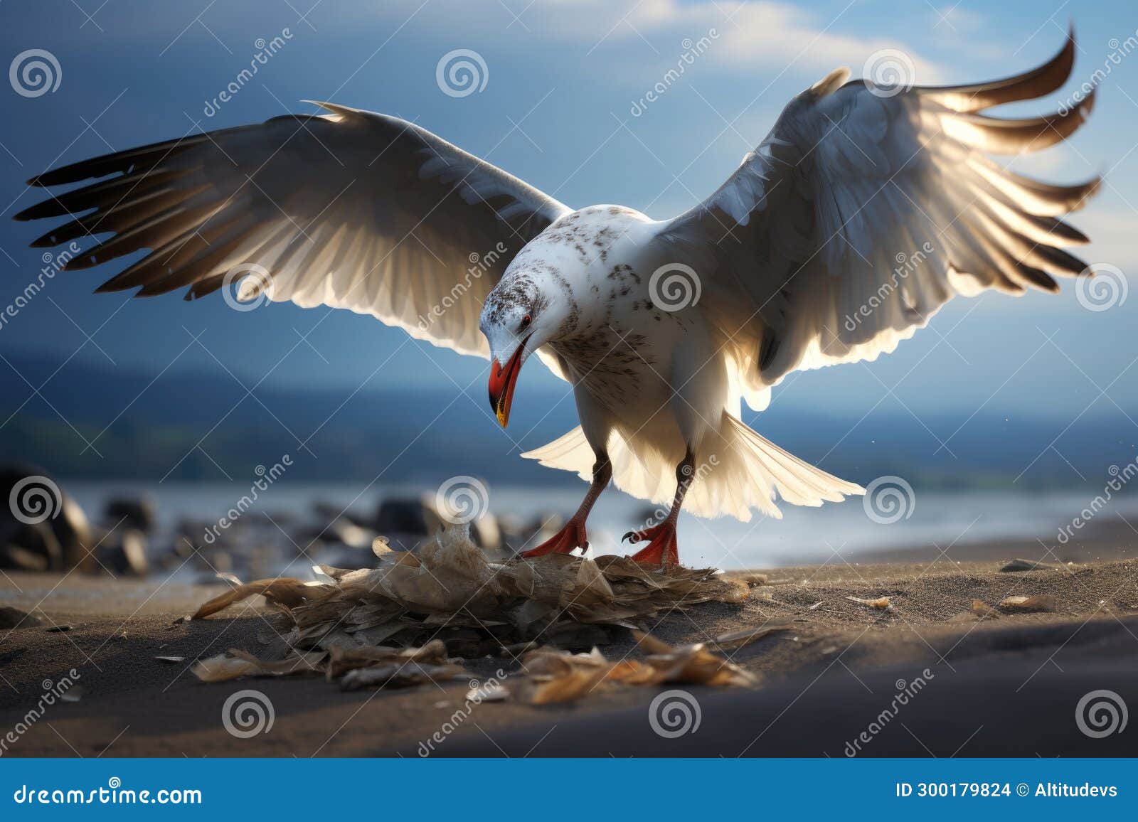 A Seagull Picking at Litter on a Sandy Beach Stock Photo - Image of ...