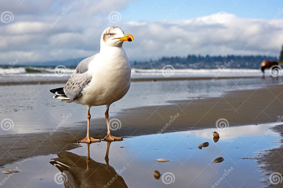 A Seagull Staring at Its Reflection in a Puddle on a Sandy Beach Stock ...