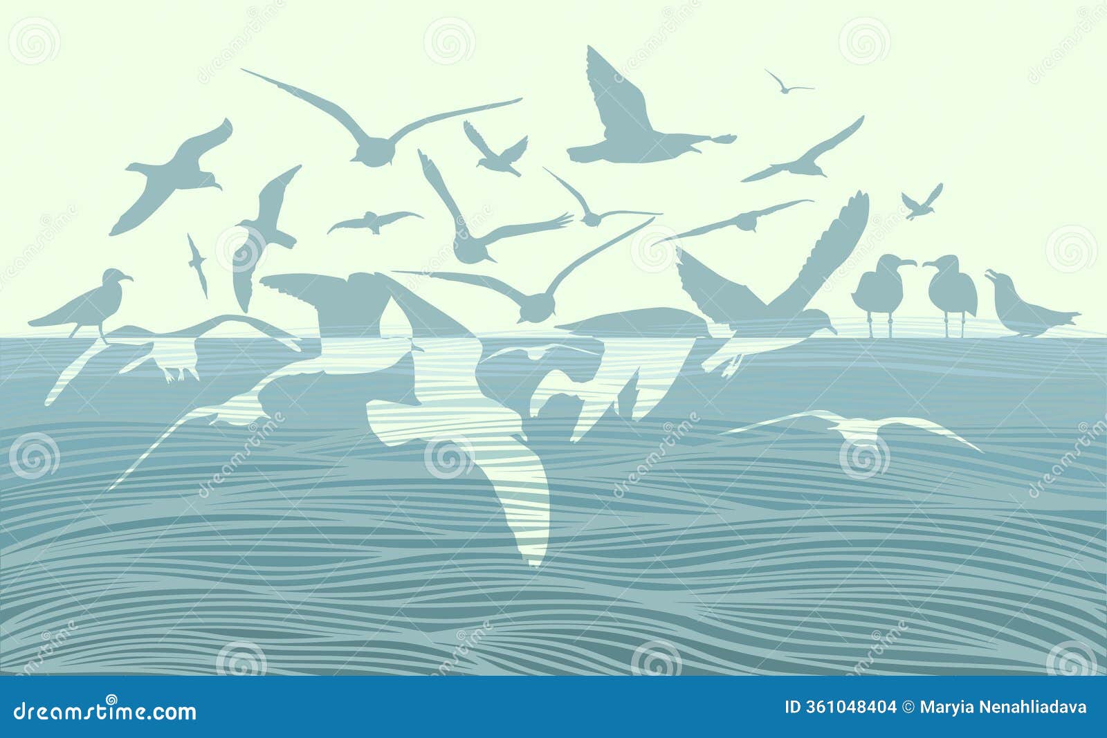Seagulls and Sea Background. Hand Drawing. Not AI Stock Illustration ...