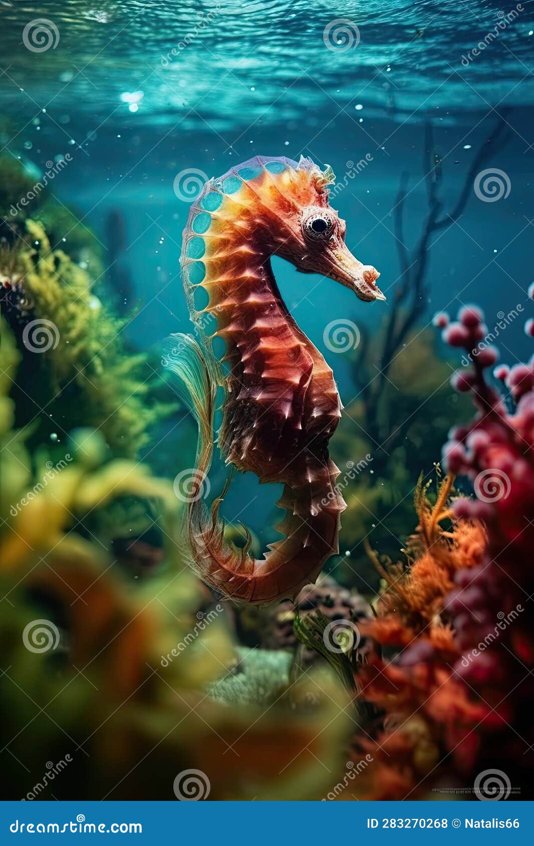 Seahorse in Sea Depth among Multicolored Seaweed Close Up. Vertical ...