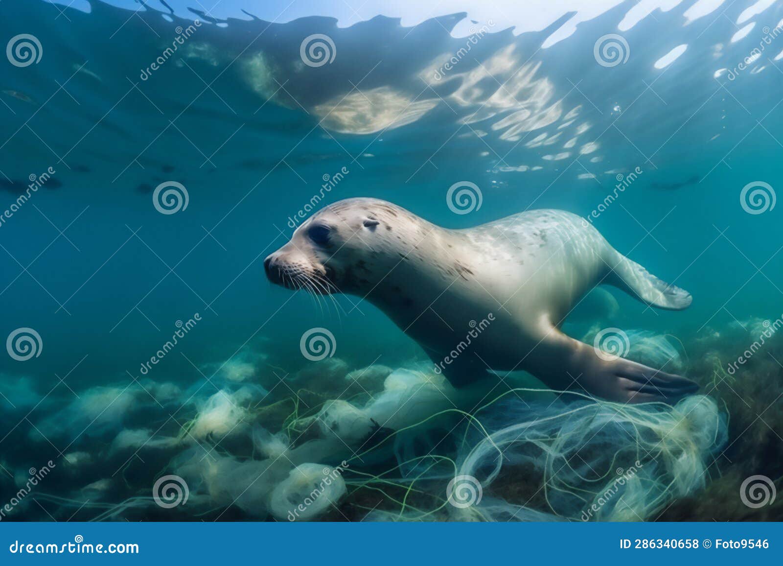 Seal Entangled in Plastic in the Ocean. Environmental Problem of ...