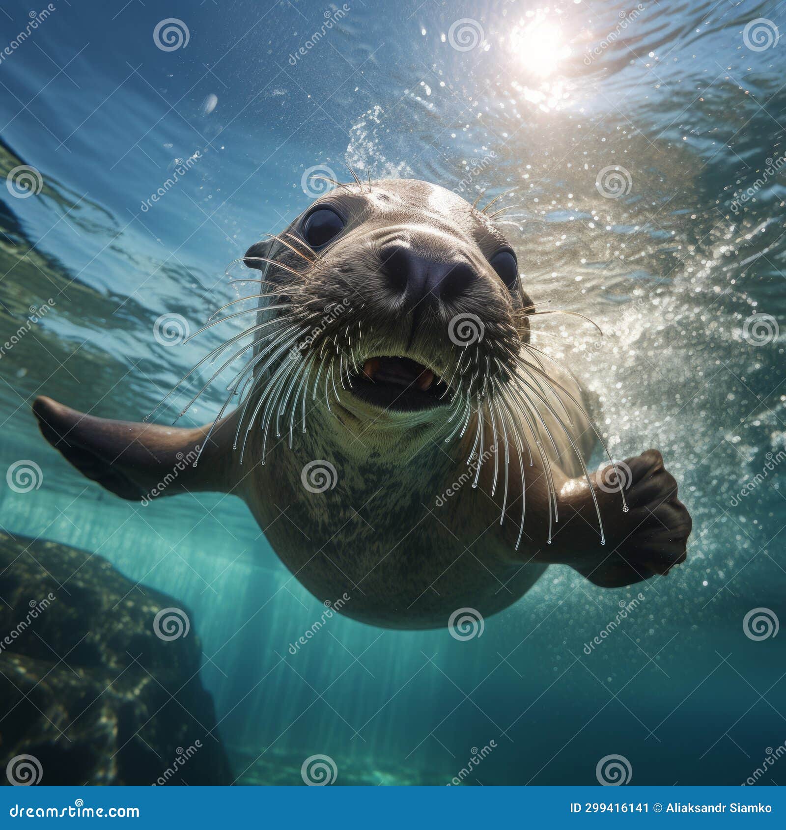 A Seal Swimming Underwater with Sun Shining through the Water Stock ...