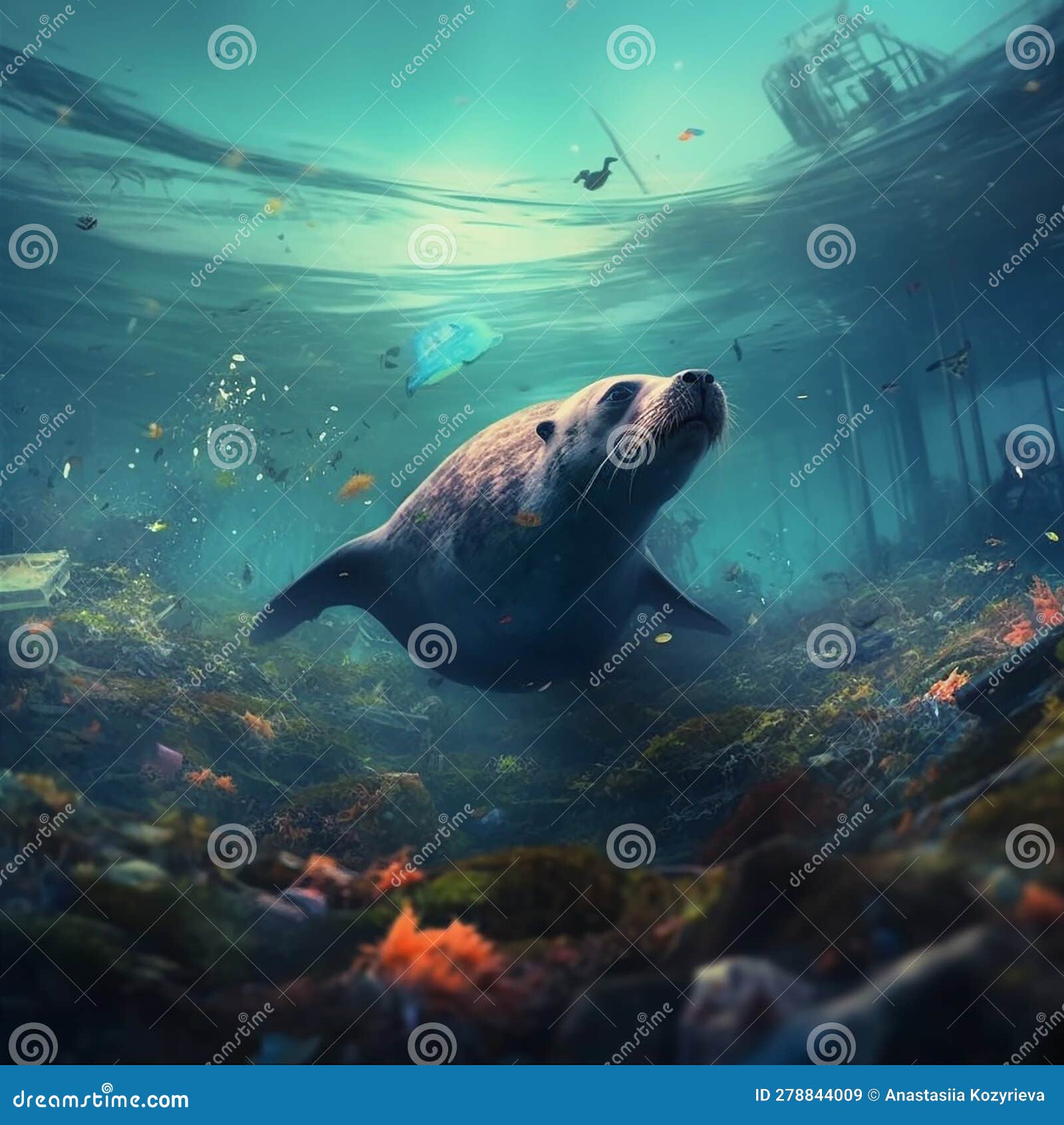 A Seal Swims in a Polluted Ocean. Ecological Problems. Generative AI ...