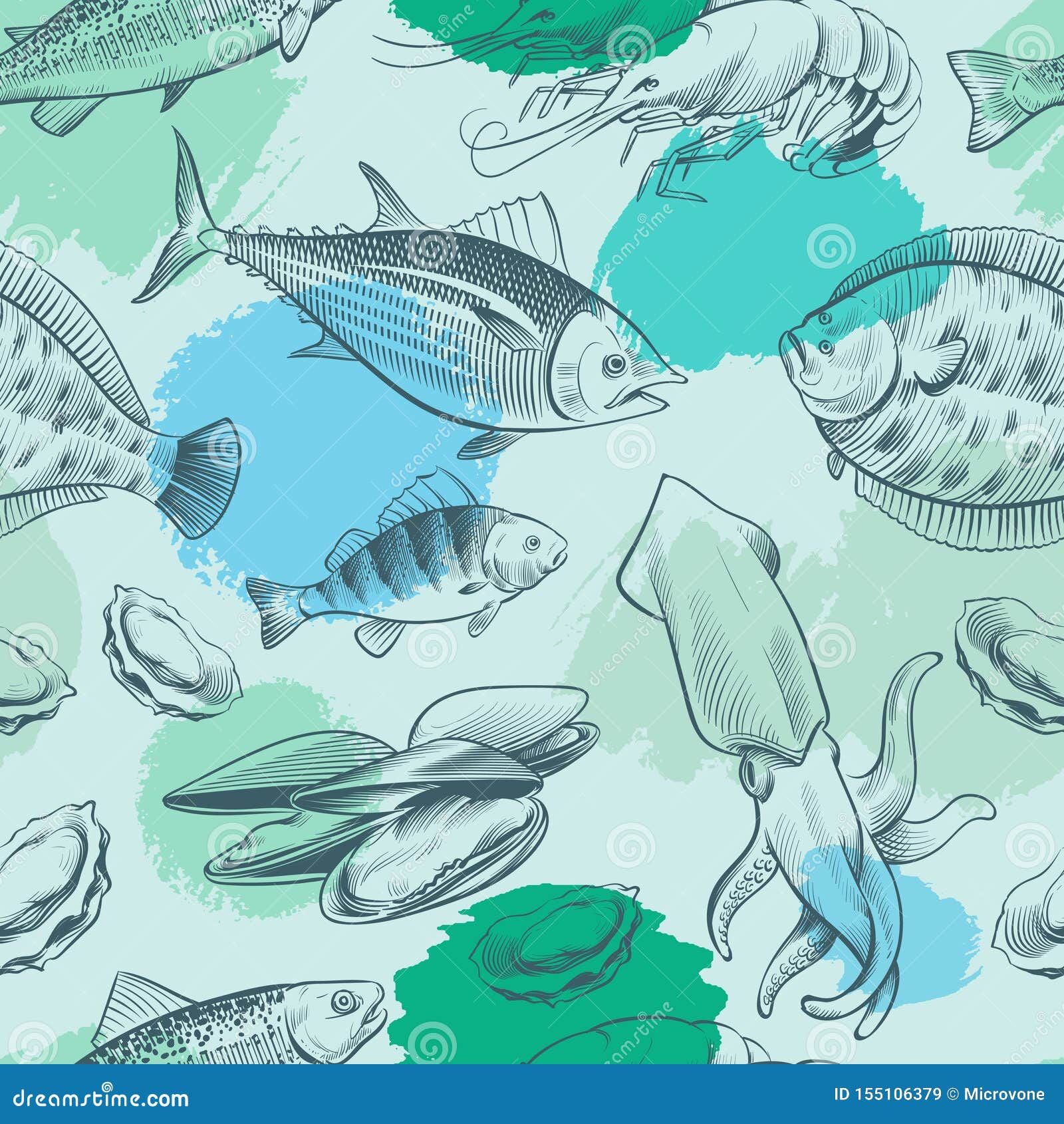 Sealife Seamless Pattern with Grunge Elements. Ocean Texture with Fish ...