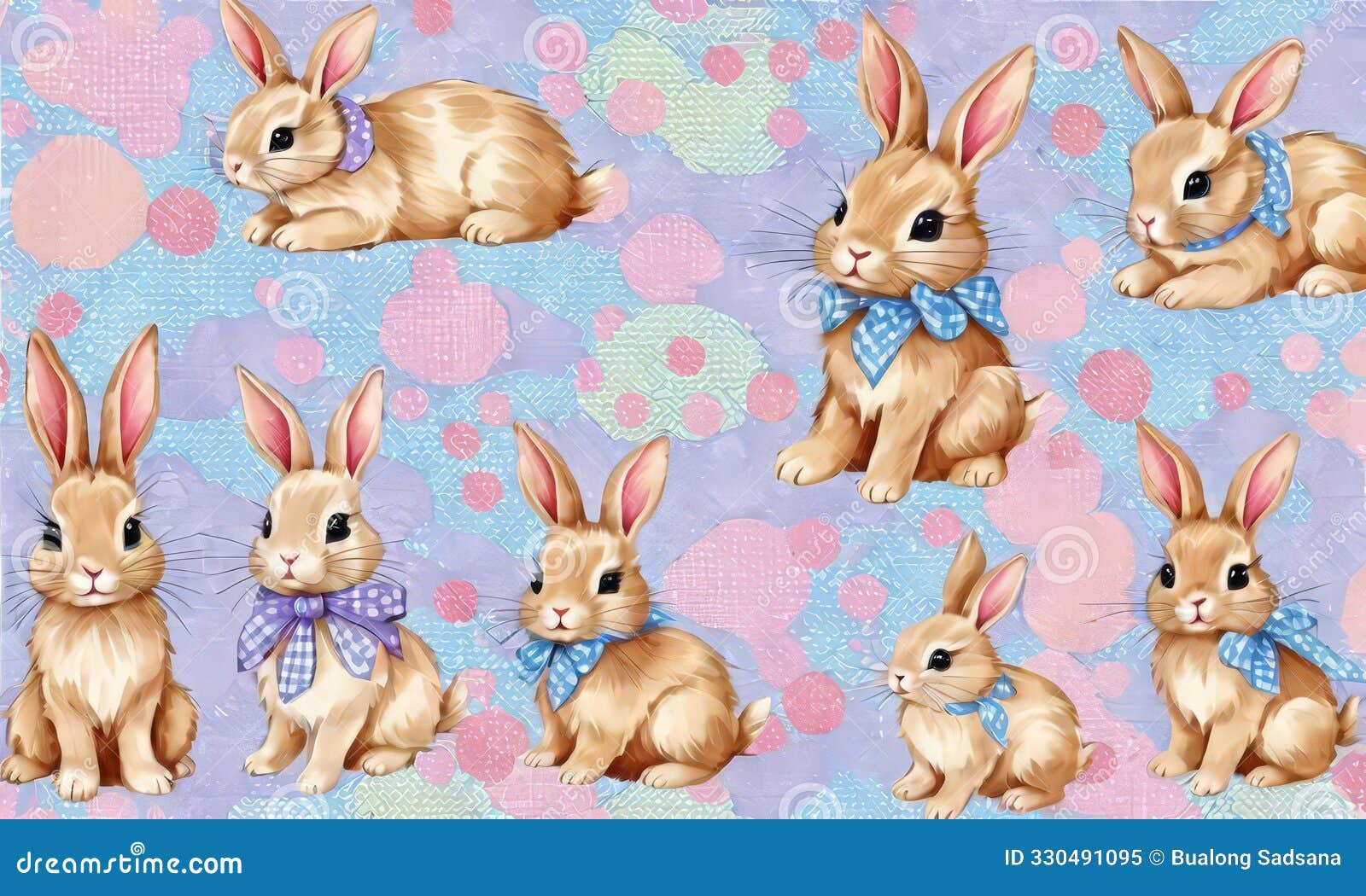 Seam Rabbits with Bow on Blue Background Stock Illustration ...