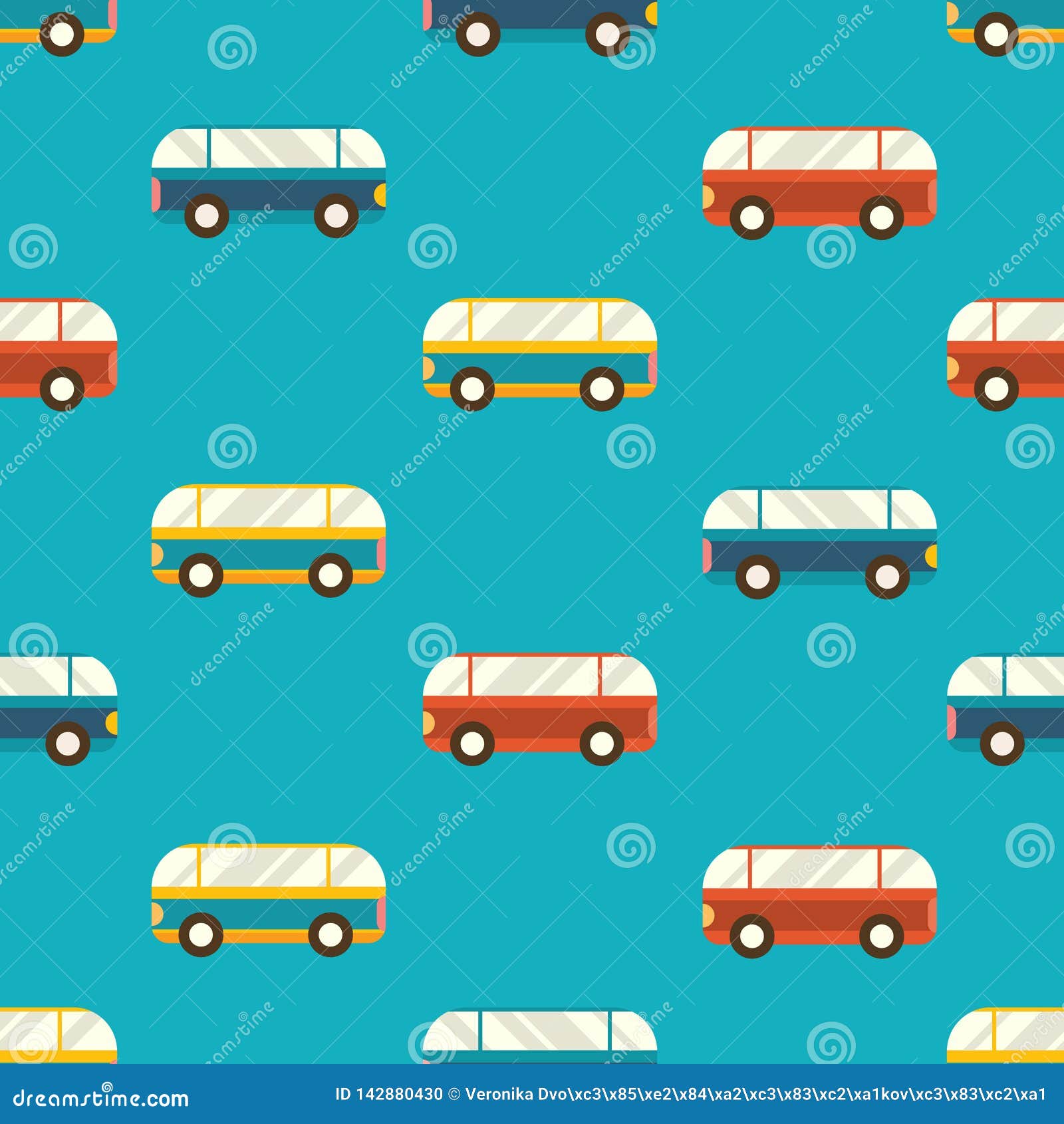 Colorful Buses On A Tile Background, In A Seamless Pattern Design ...