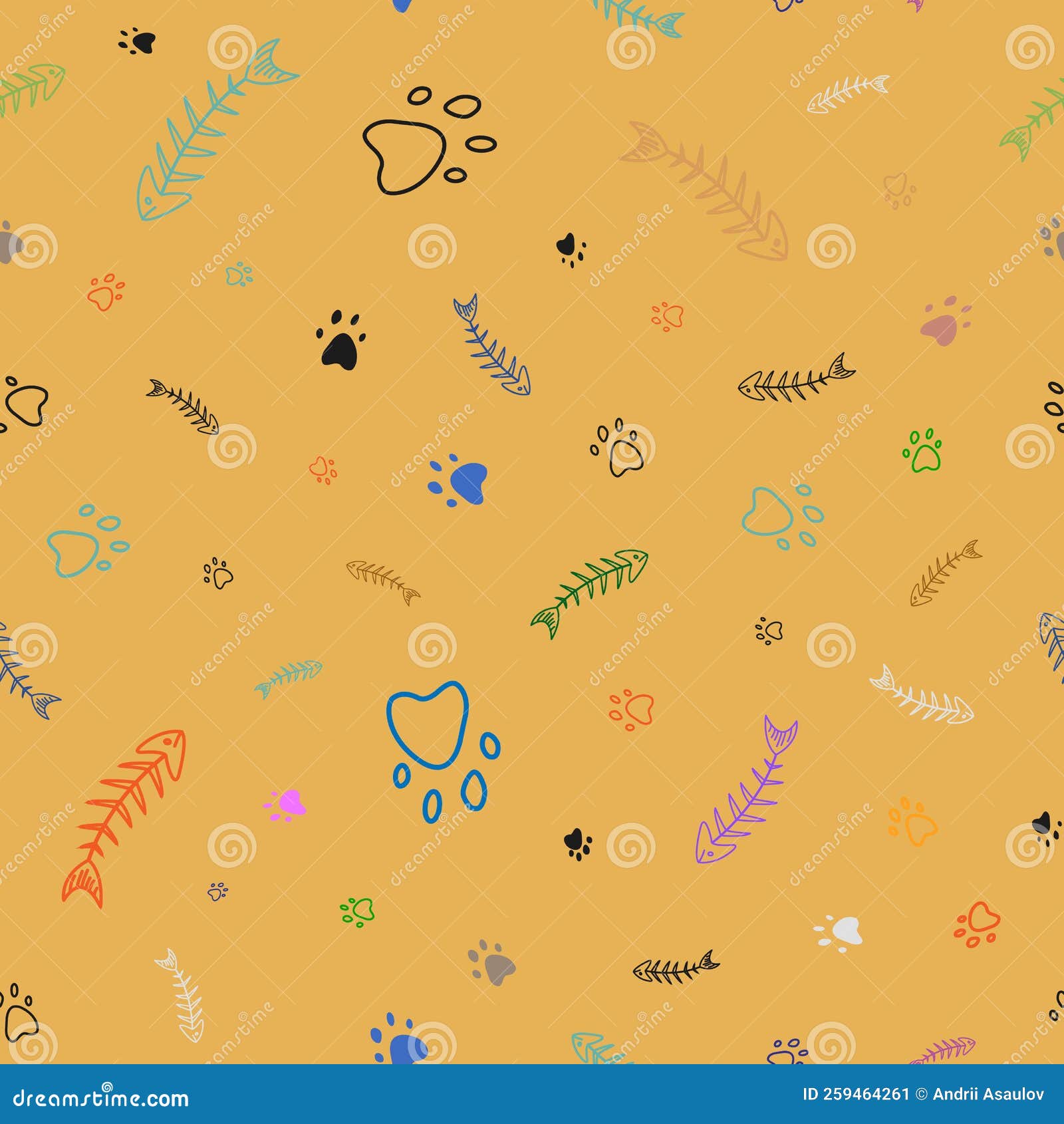 Seamles Vector Pattern with Colored Paw Prints and Fish Skeleton, Cats ...