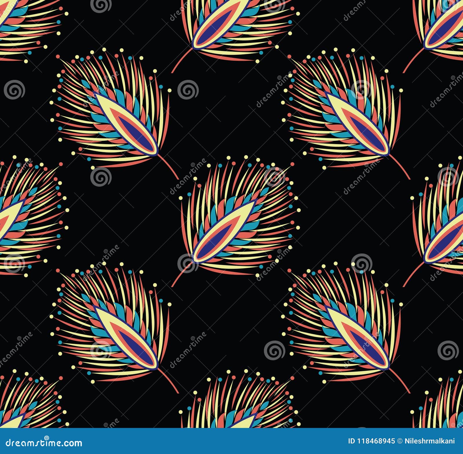 Seamless Abstract Feather Pattern on Black Background Stock Vector ...