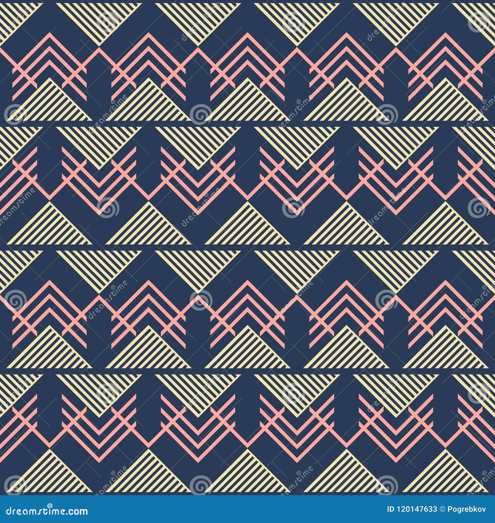 Seamless Geometric Pattern with Striped Triangles and V-shapes Stock ...