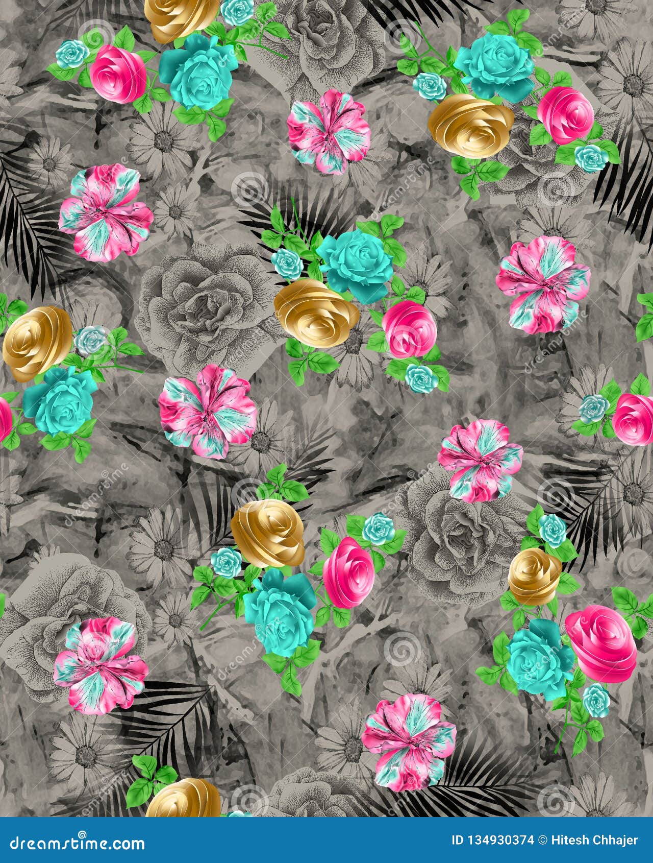 Seamless Abstract Multi Color Flower Pattern on Grey Ground Textile ...