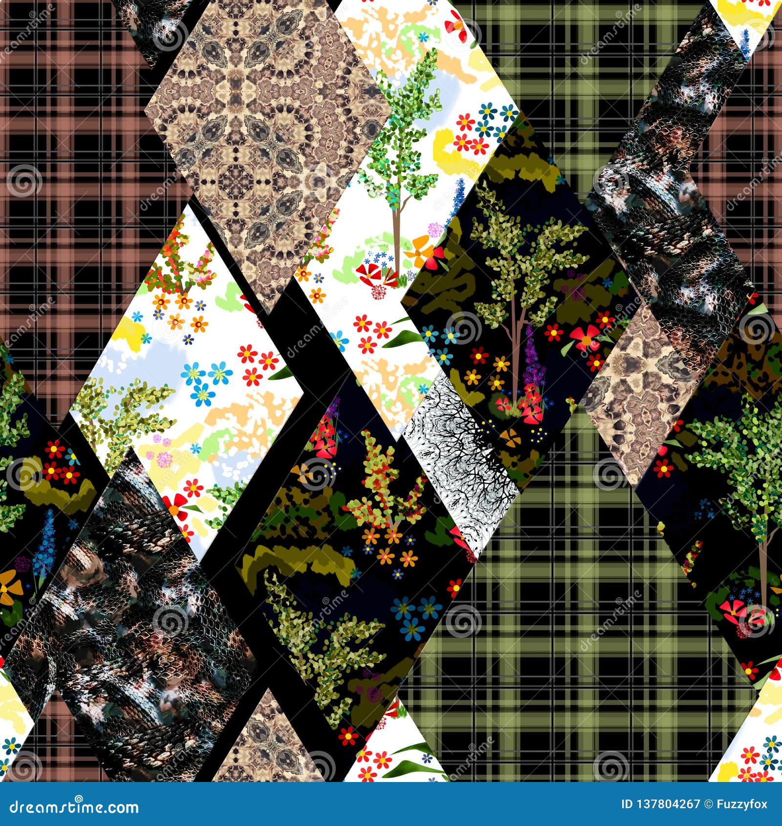 Seamless Abstract Patchwork Plaid Patches Pattern Dark Stock ...