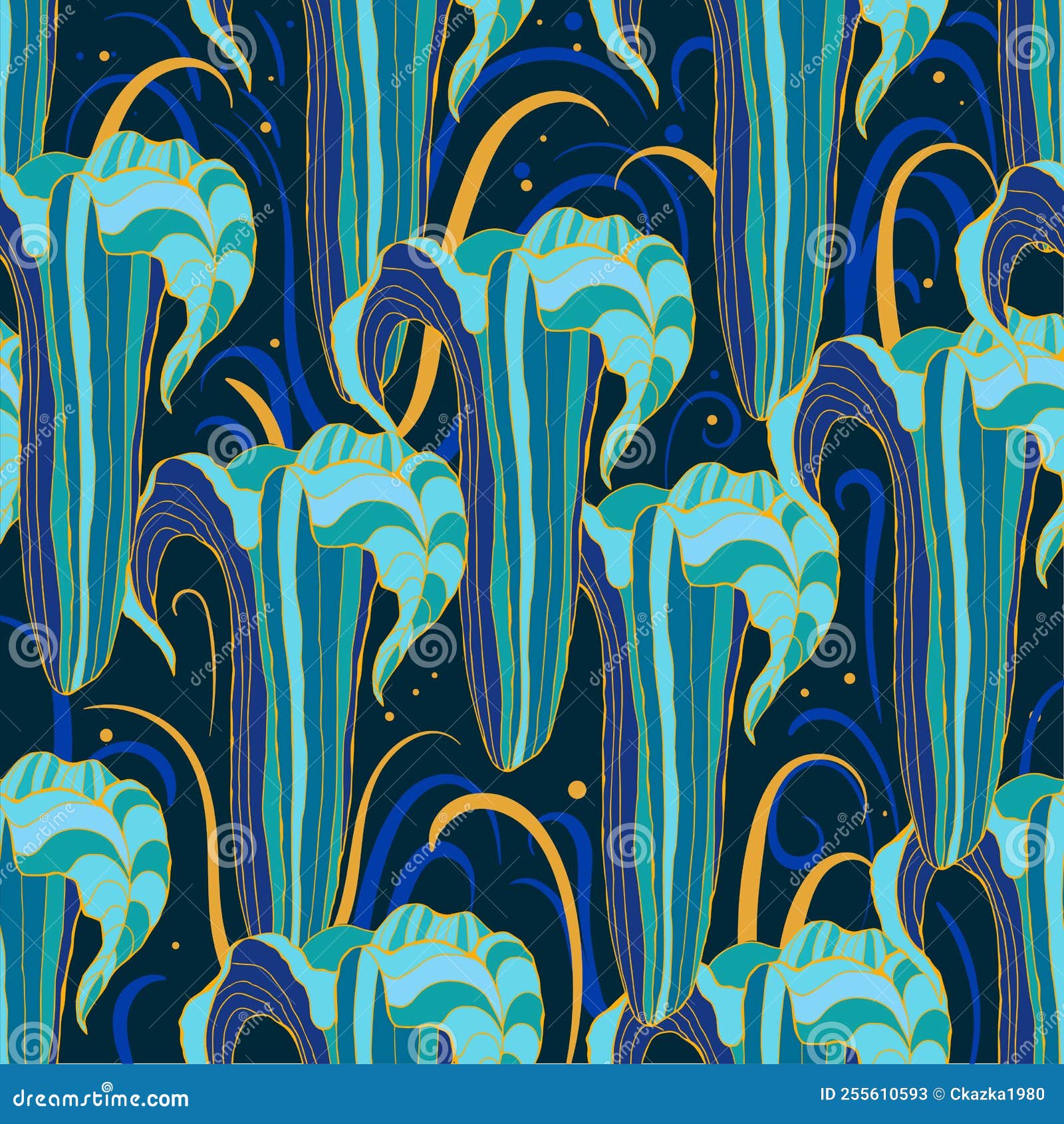 Seamless Abstract Pattern with Tropical Flowers in Blue and Green Tones ...