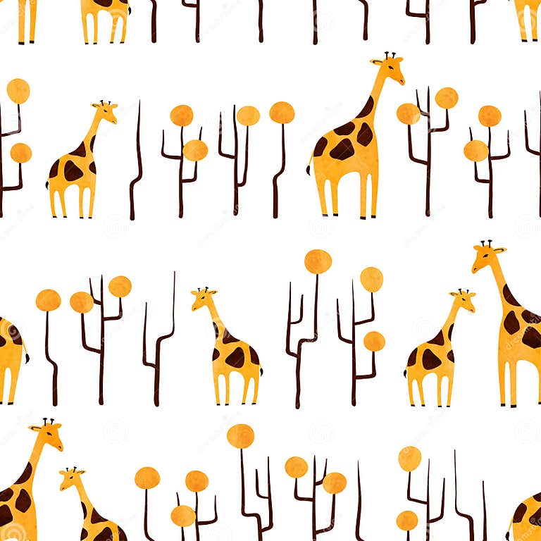 Seamless African Pattern with Cute Giraffe and Abstract Trees Stock ...