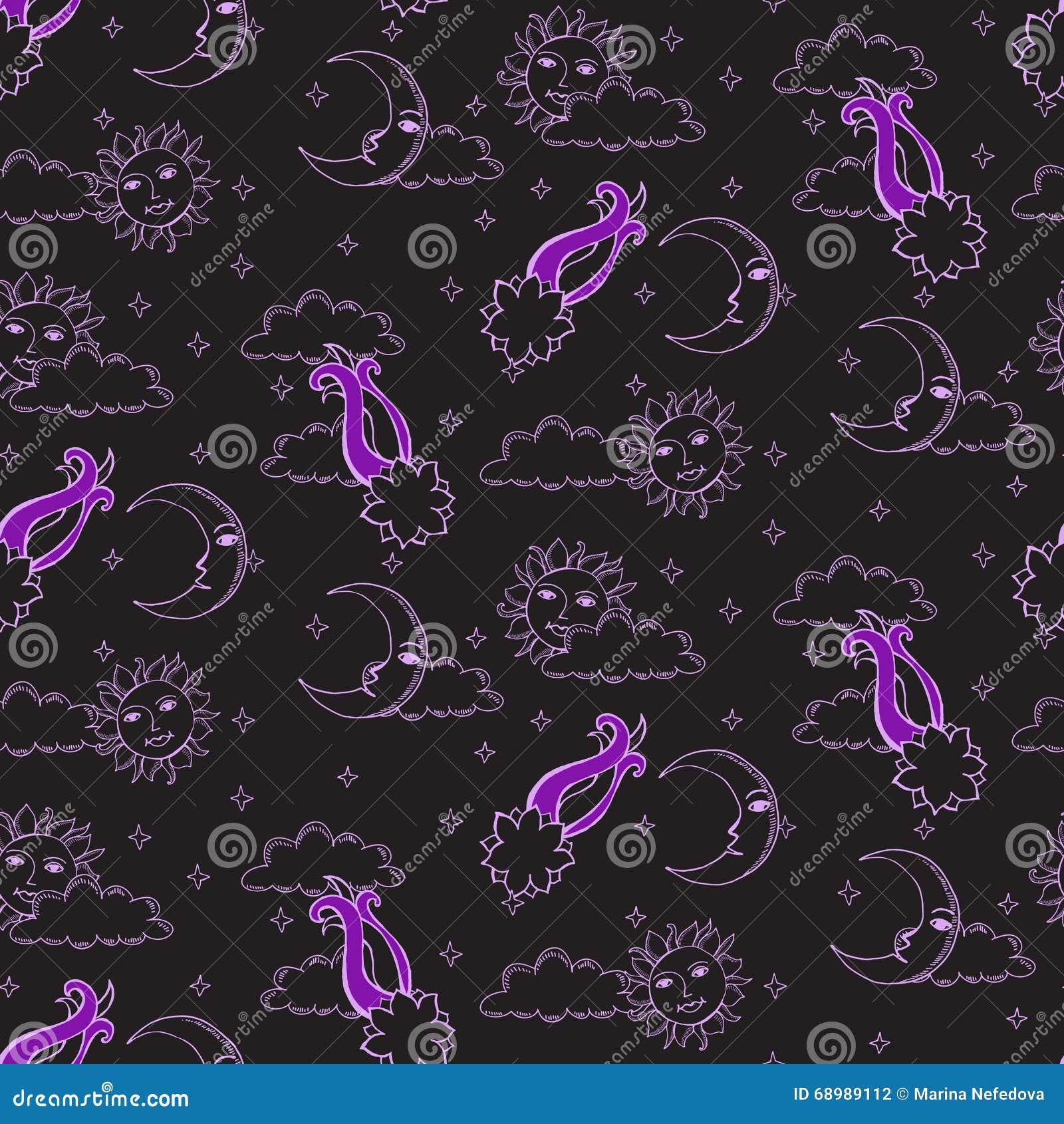 Seamless Alchemy Pattern with Suns, Moons, Comets and Clouds in Stock ...