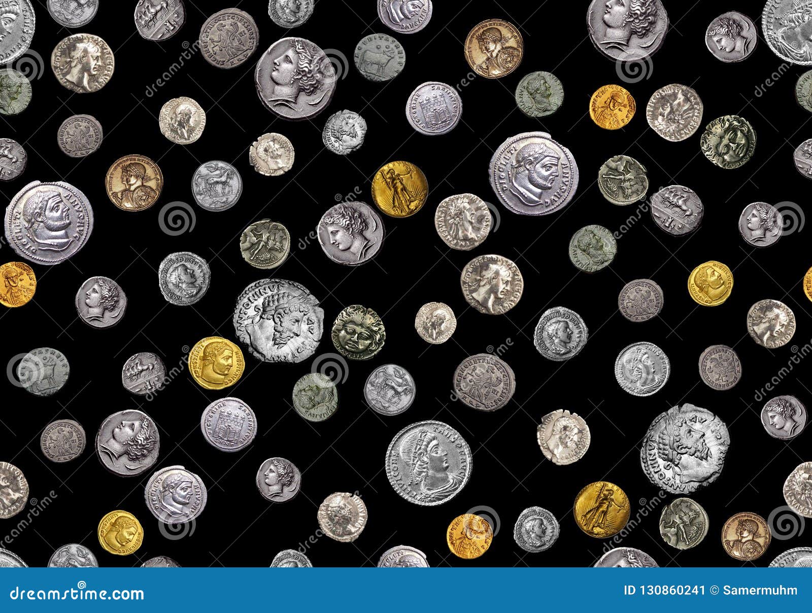 Seamless Ancient Coins Pattern on Black Background Stock Illustration ...