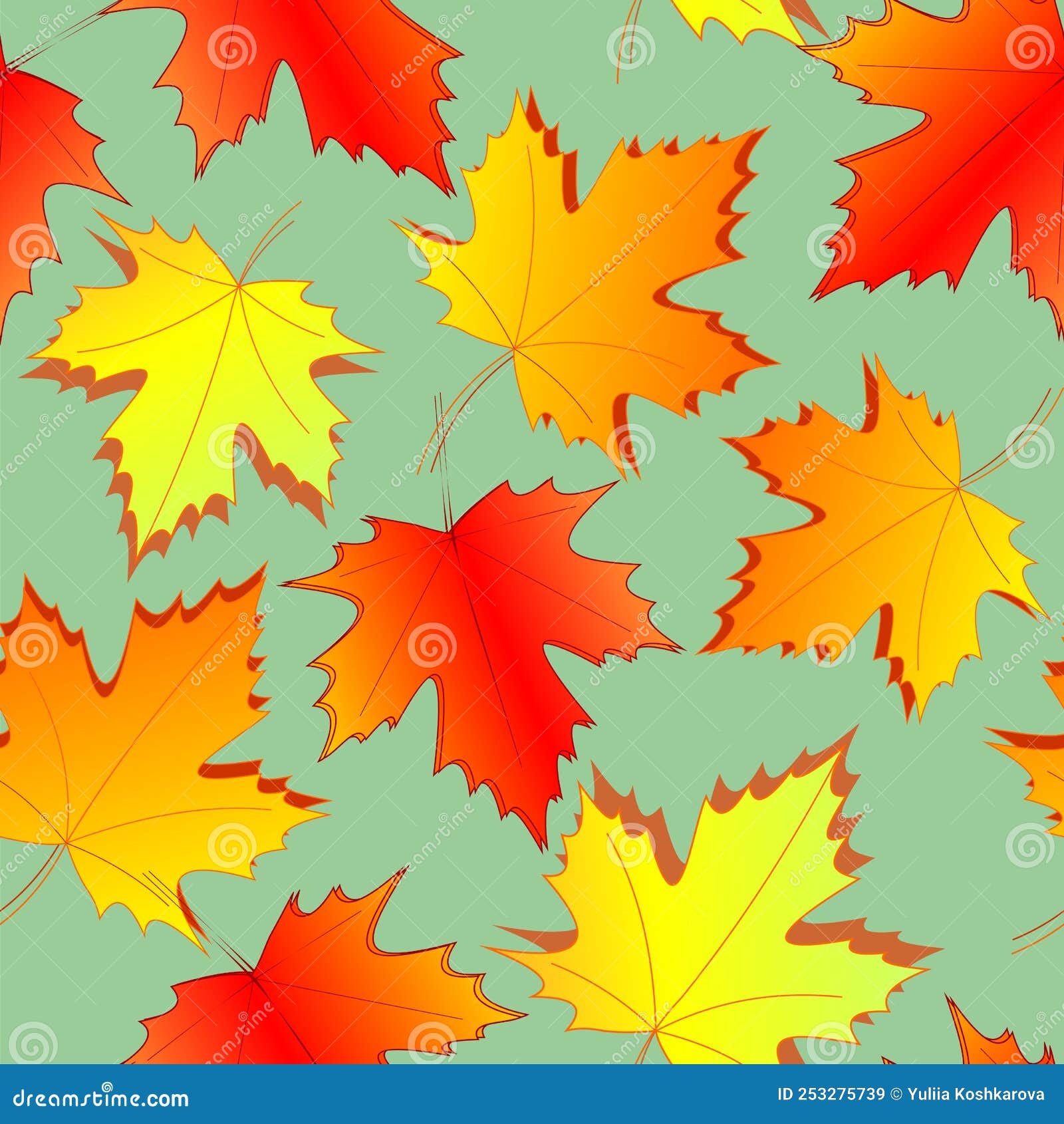 Seamless Asymmetric Pattern of Autumn Maple Leaves on a Green ...