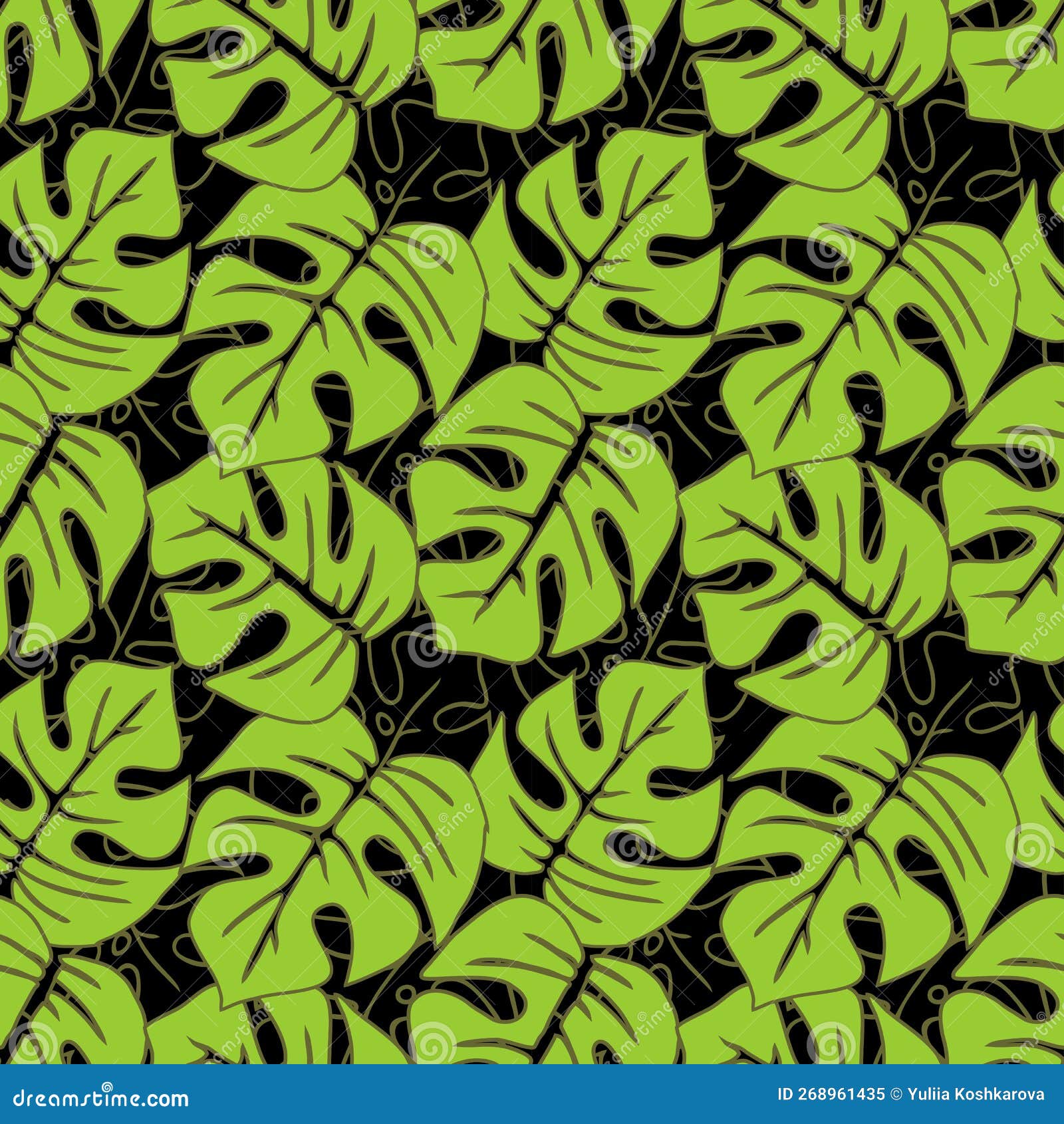 Seamless Asymmetric Pattern of Green Tropical Leaves on a Black ...