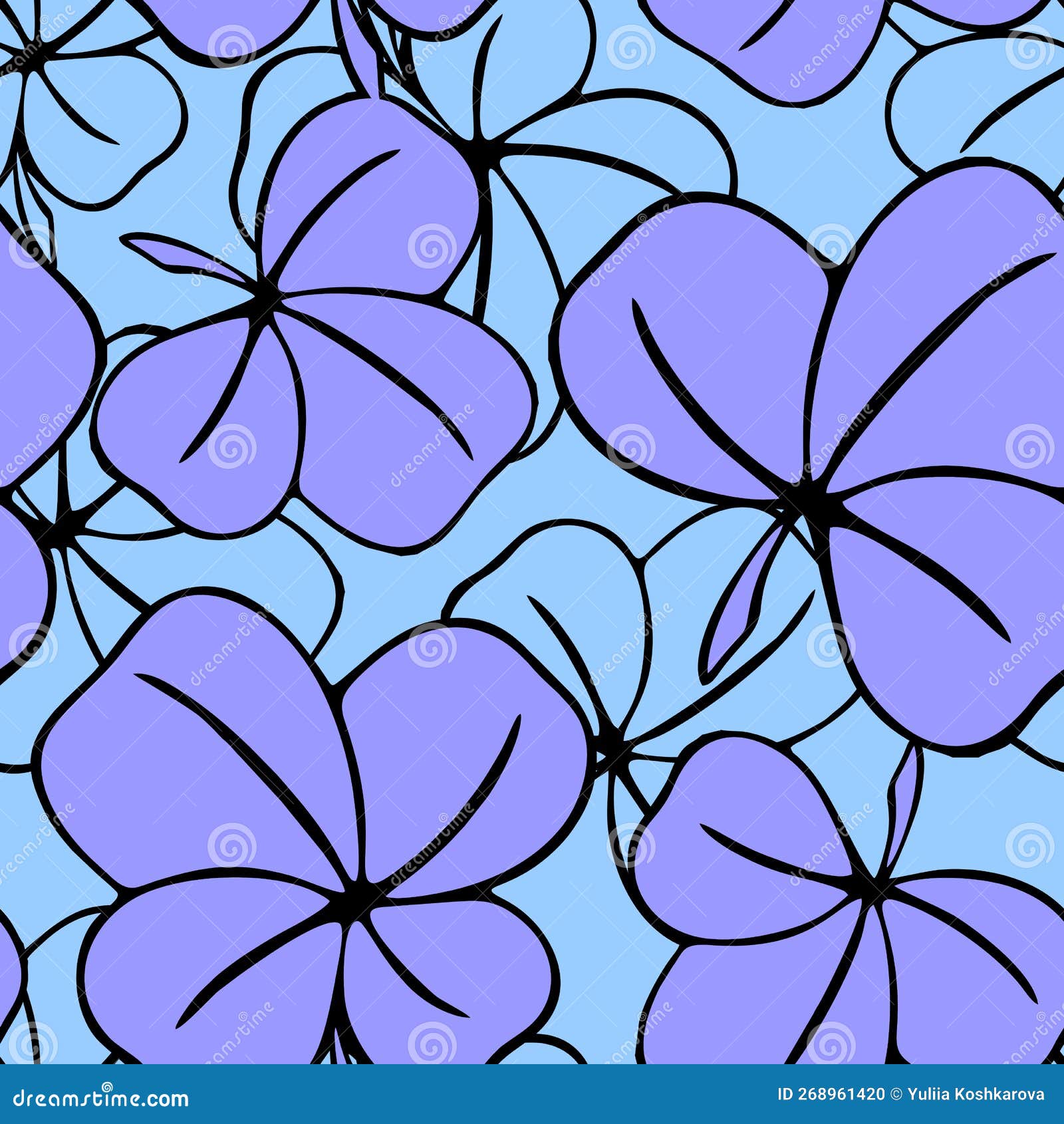 Seamless Asymmetrical Pattern of Clover Leaves in Blue Tones and Black ...