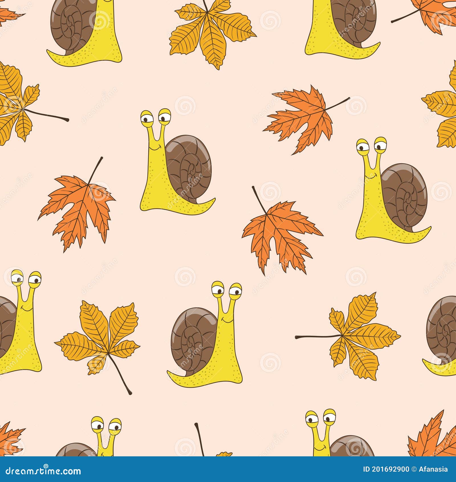 Seamless Autumn Pattern with Cartoon Snails and Maple Leaves. Stock ...