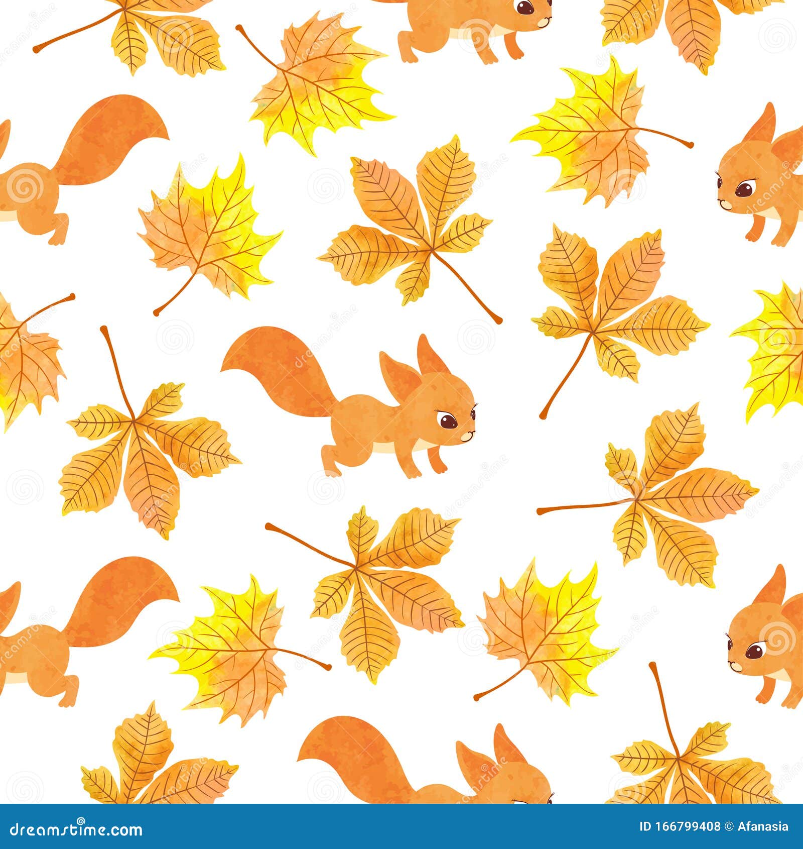 Seamless Autumn Pattern with Cute Squirrels and Leaves. Stock Vector ...