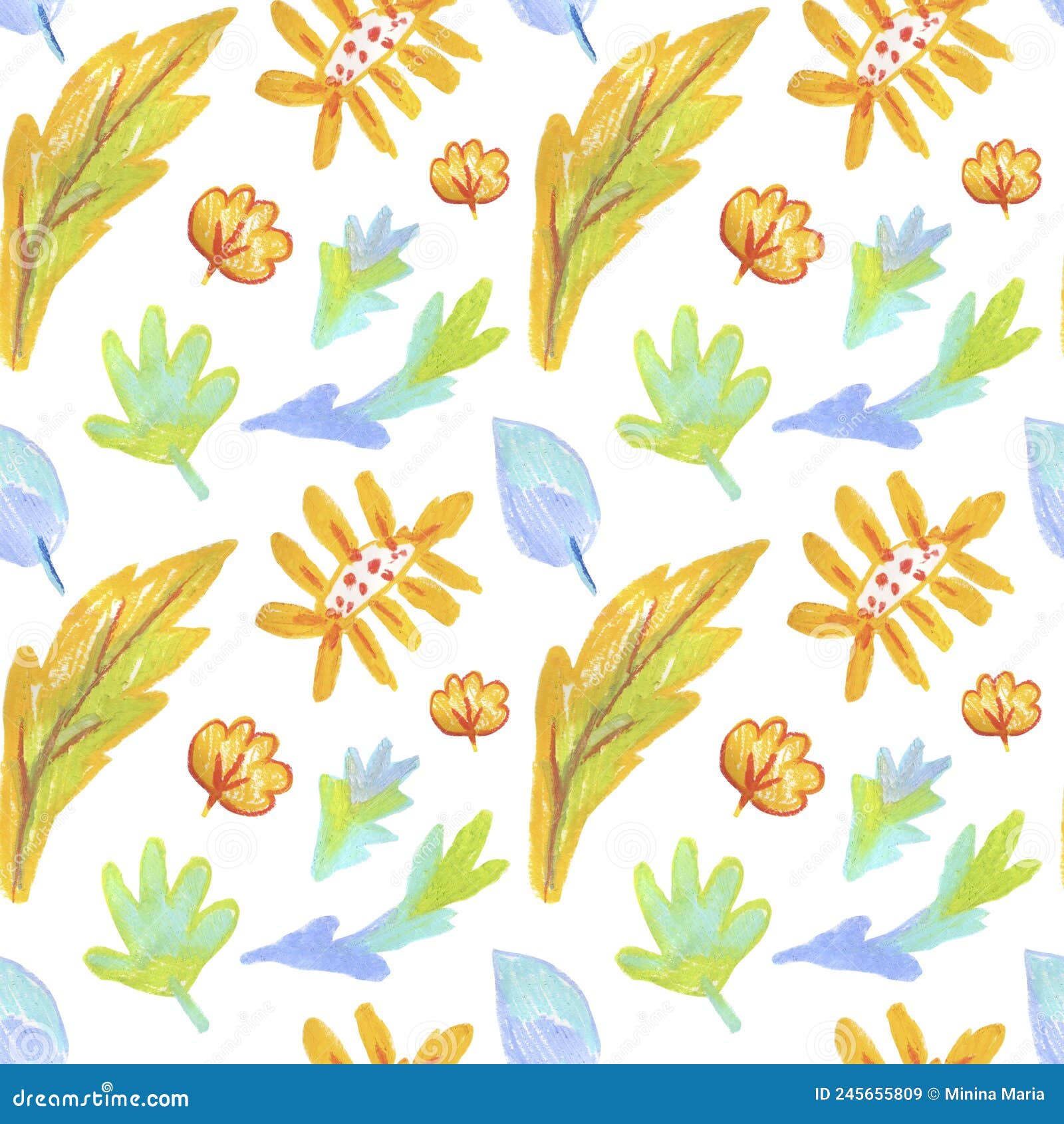 Seamless Autumn Pattern Drawn in Wax Crayons on White Background Stock ...