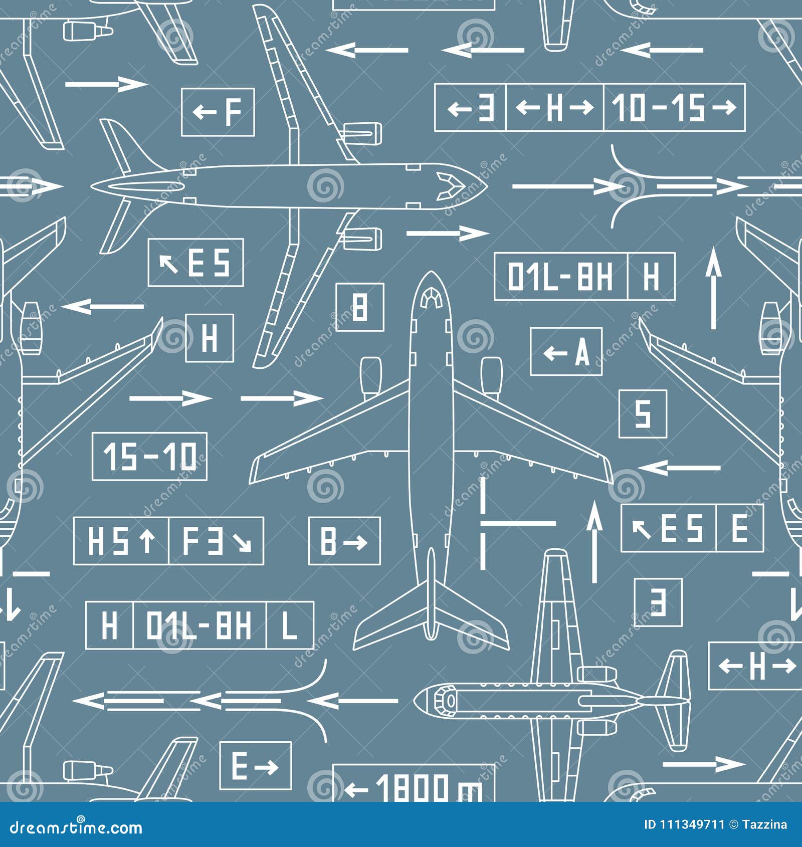Seamless Aviation Pattern with Airplanes and Signs on a Gray Background ...