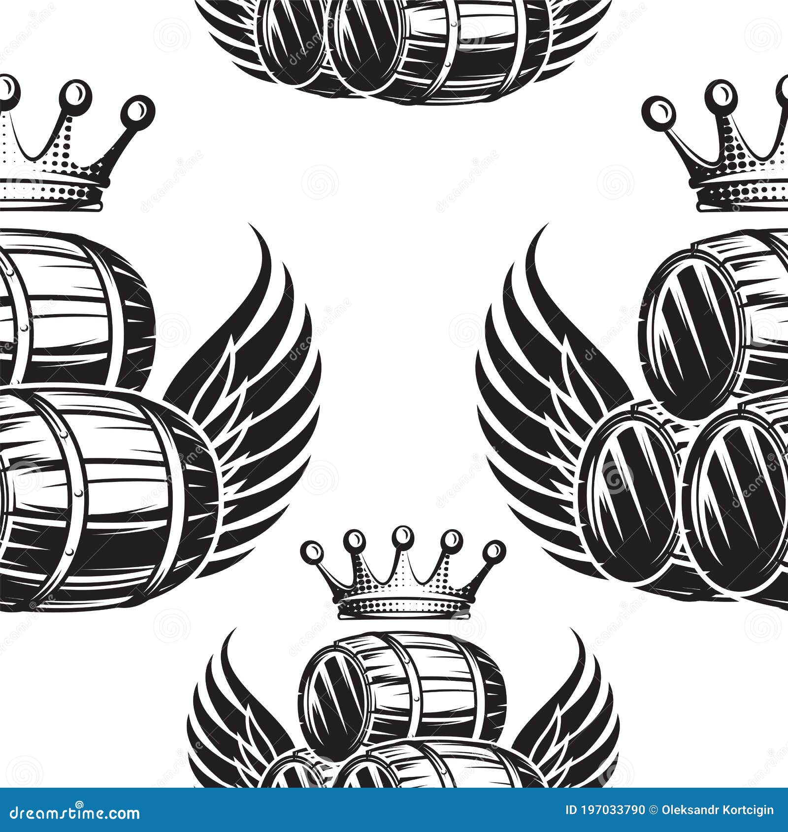 Seamless Backdrop with Wooden Barrels, Wings and Crown. Vector Pattern ...