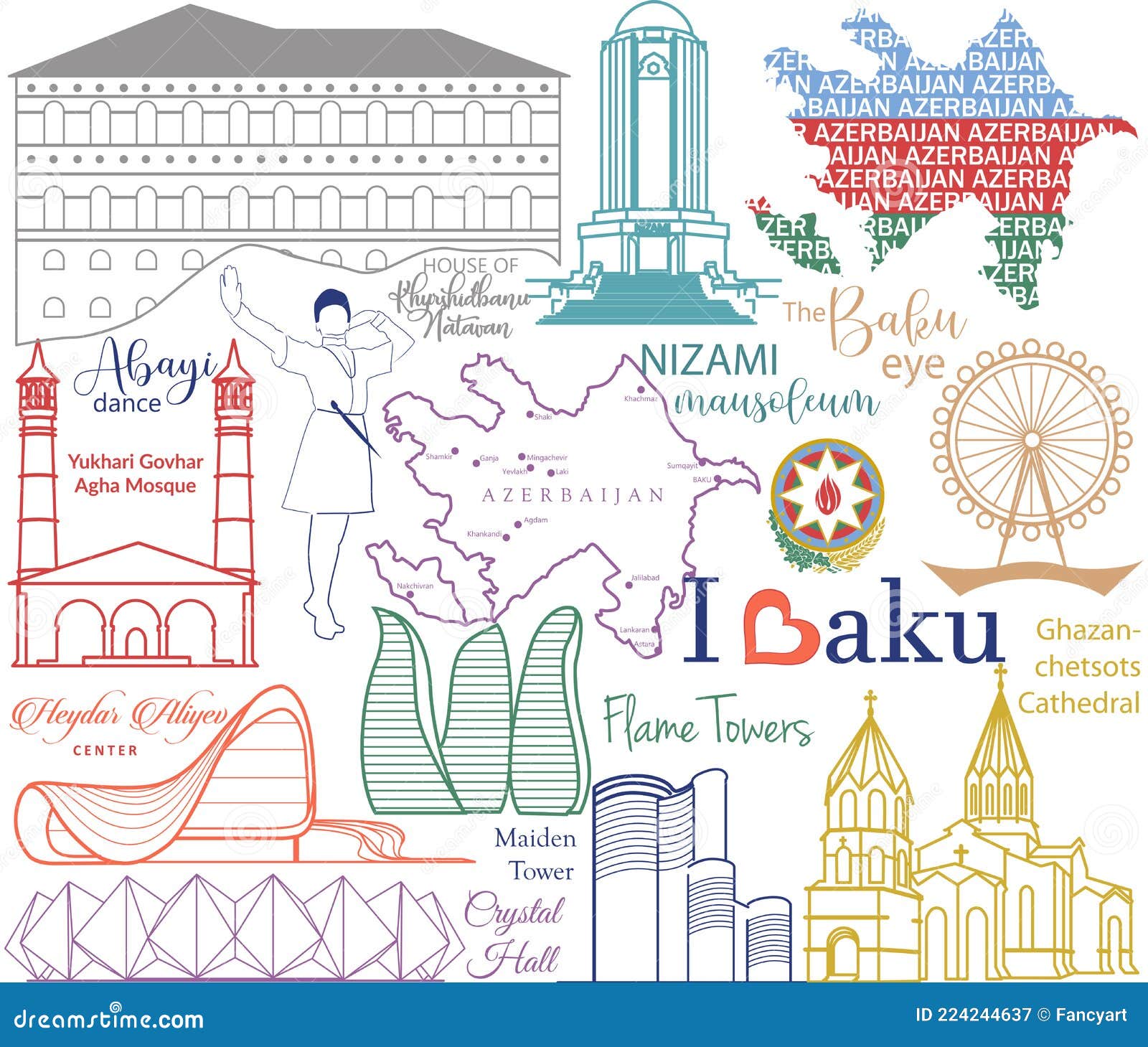 Shusha City Azerbaijan Popular Landmarks Line Art Background In Gold ...