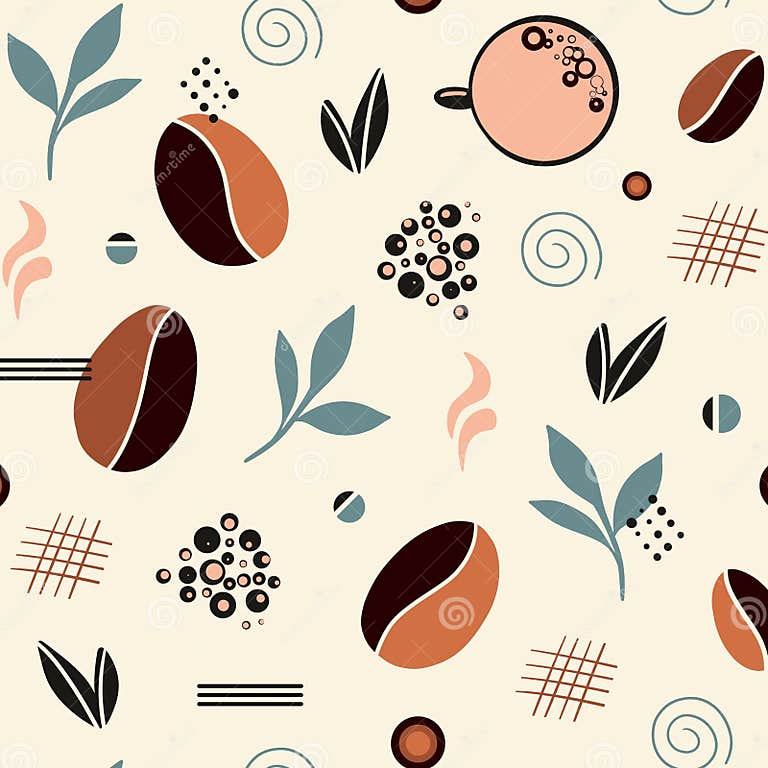 Seamless Background with Branch of Coffee and Coffee Beans. Vector Pattern with Hand Drawn ...