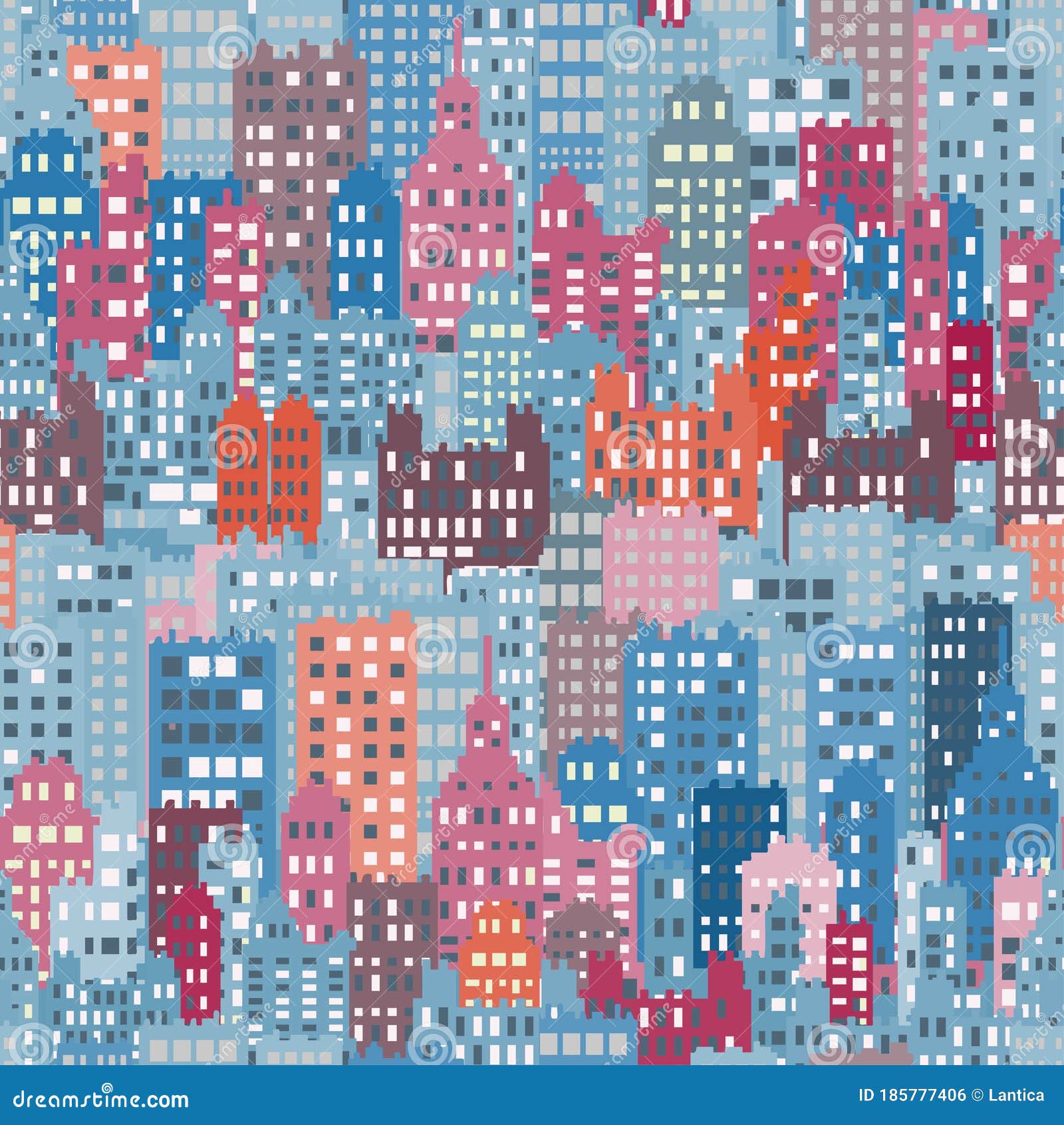 Seamless Background with City Building, Blue and Red Color Stock ...