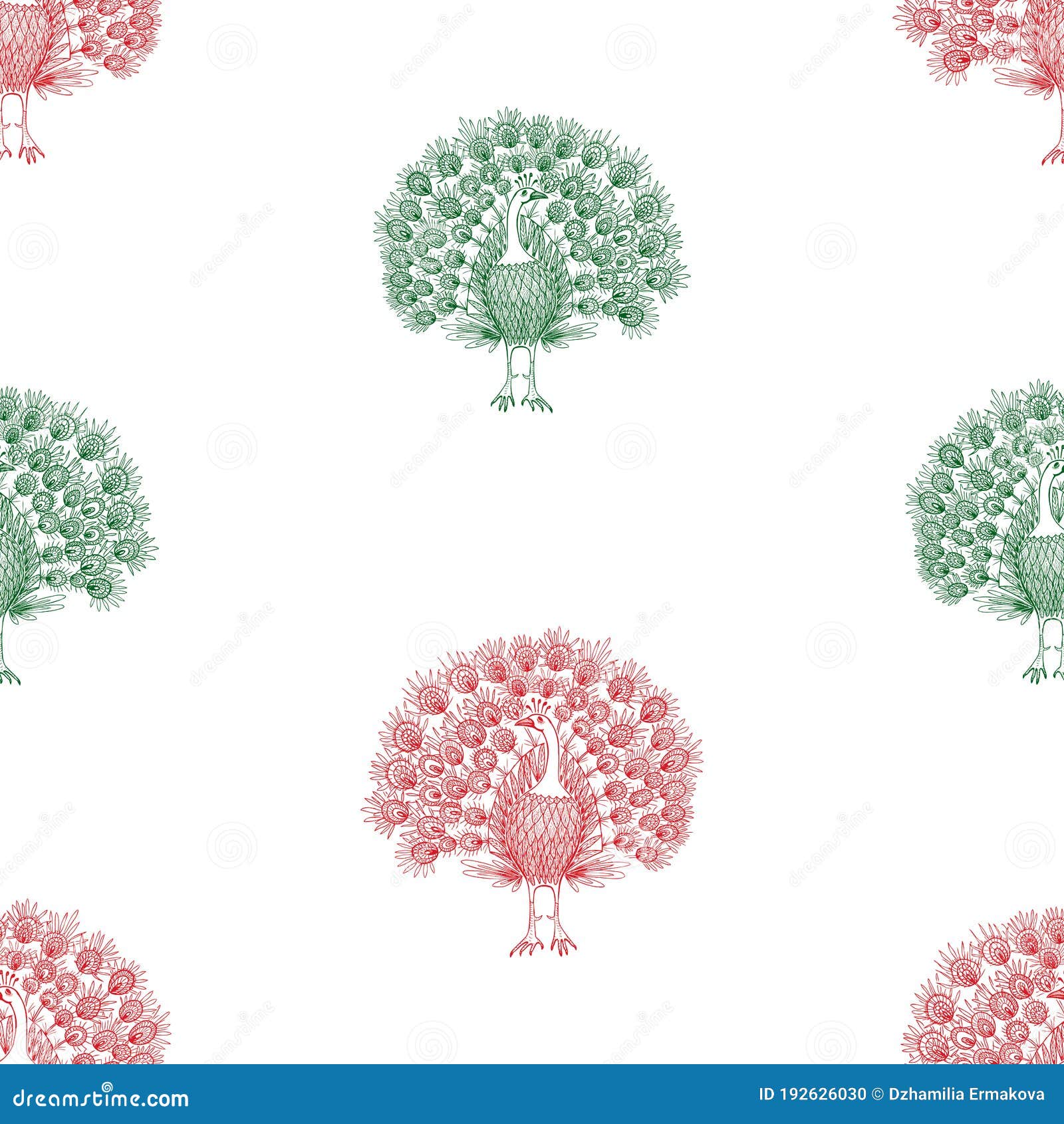 Seamless Background Of Drawn Red And Green Decorative Peacocks Stock
