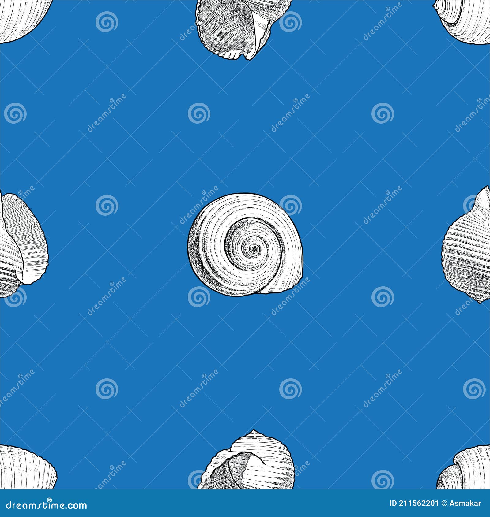 Seamless Background Of Drawn Various White Seashells Cartoon Vector ...
