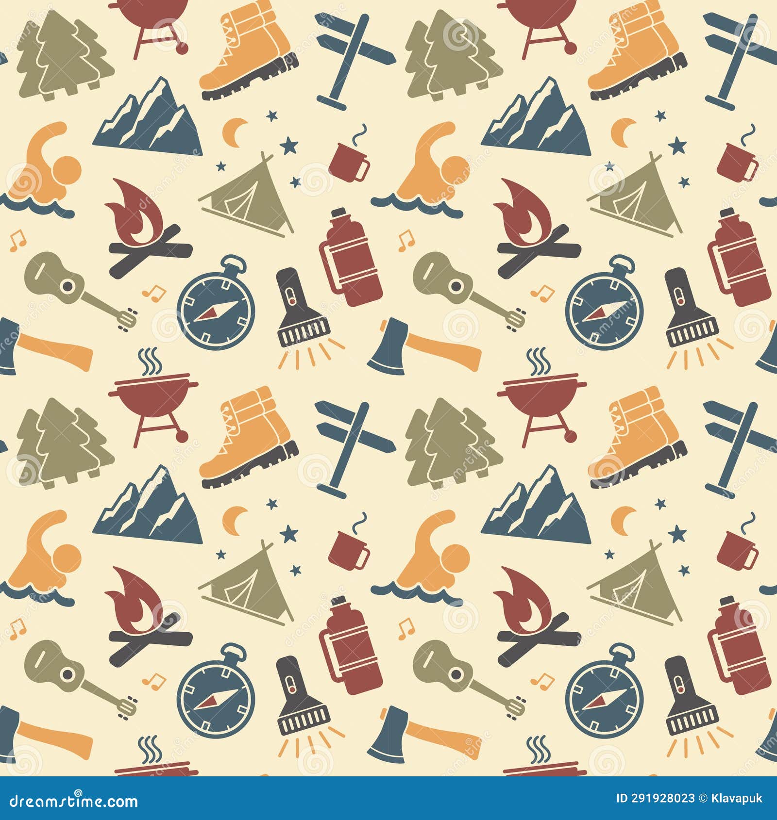 Seamless Background of Flat Hiking and Outdoor Recreation Symbols Stock ...