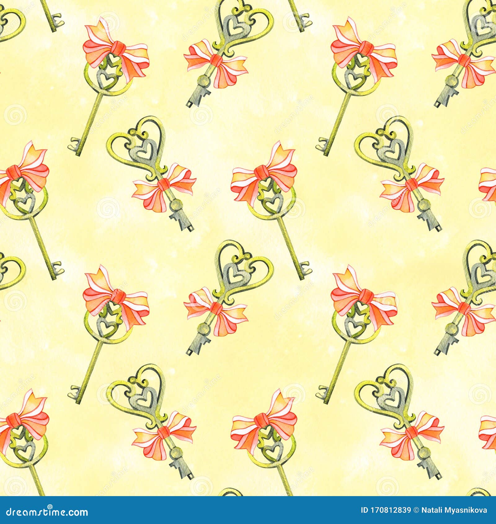 Seamless Background Pattern with Love Keys. Watercolor Hand Drawn ...