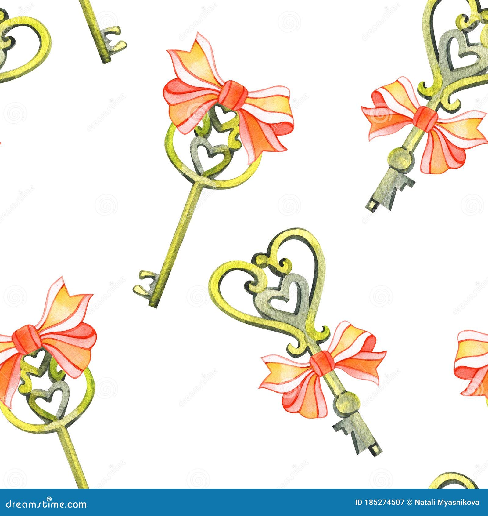 Seamless Background Pattern with Love Keys. Watercolor Hand Drawn ...