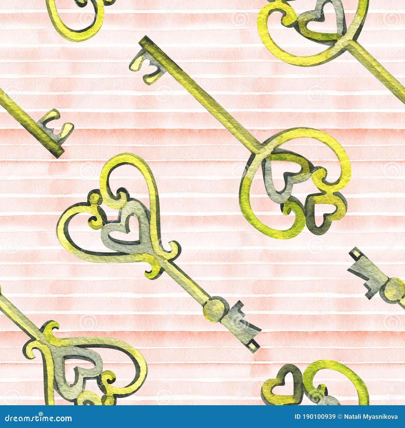Seamless Background Pattern with Love Keys. Watercolor Hand Drawn ...