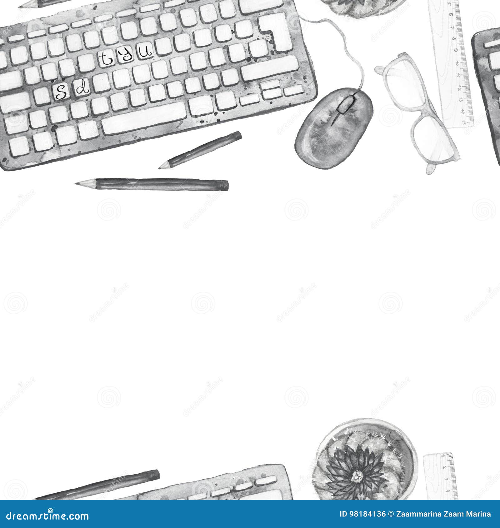 Seamless Background Pattern of Objects Painted Watercolor Office ...