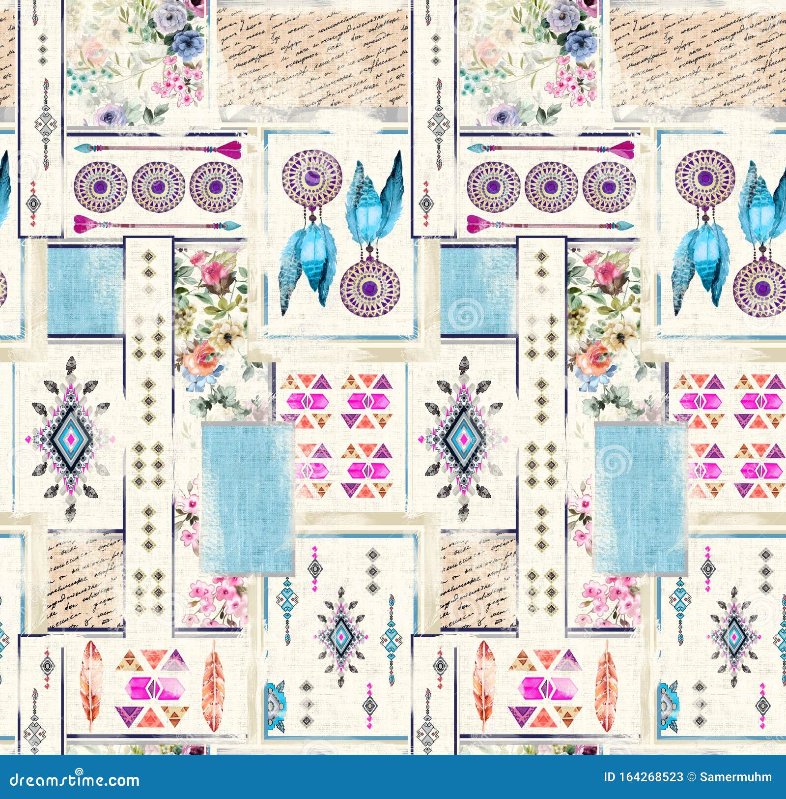 Seamless Background Pattern. Patchwork Pattern with Flowers. Ethnic ...