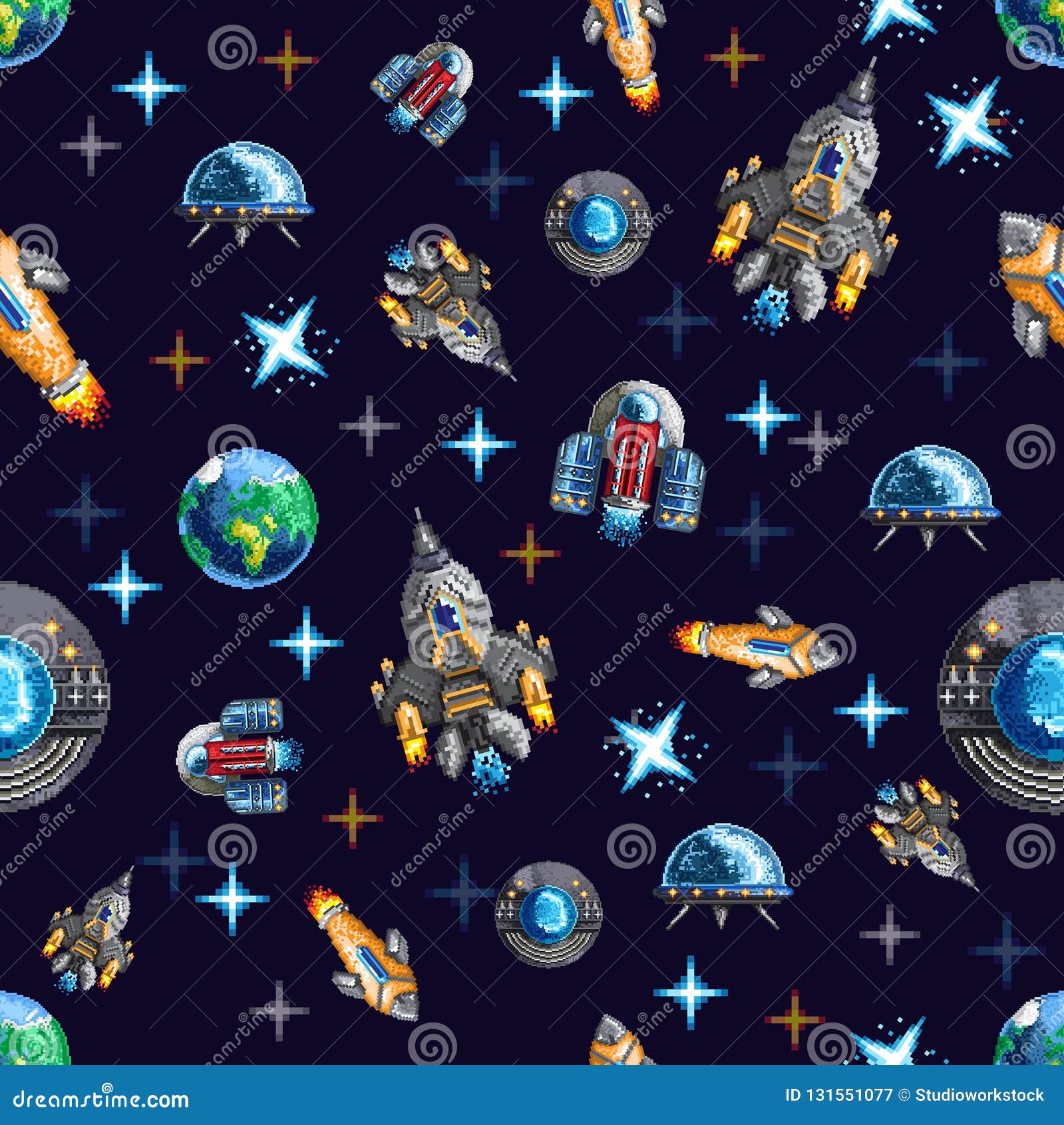 Colorful Seamless Background with Pixel Spacecrafts Stock Vector ...