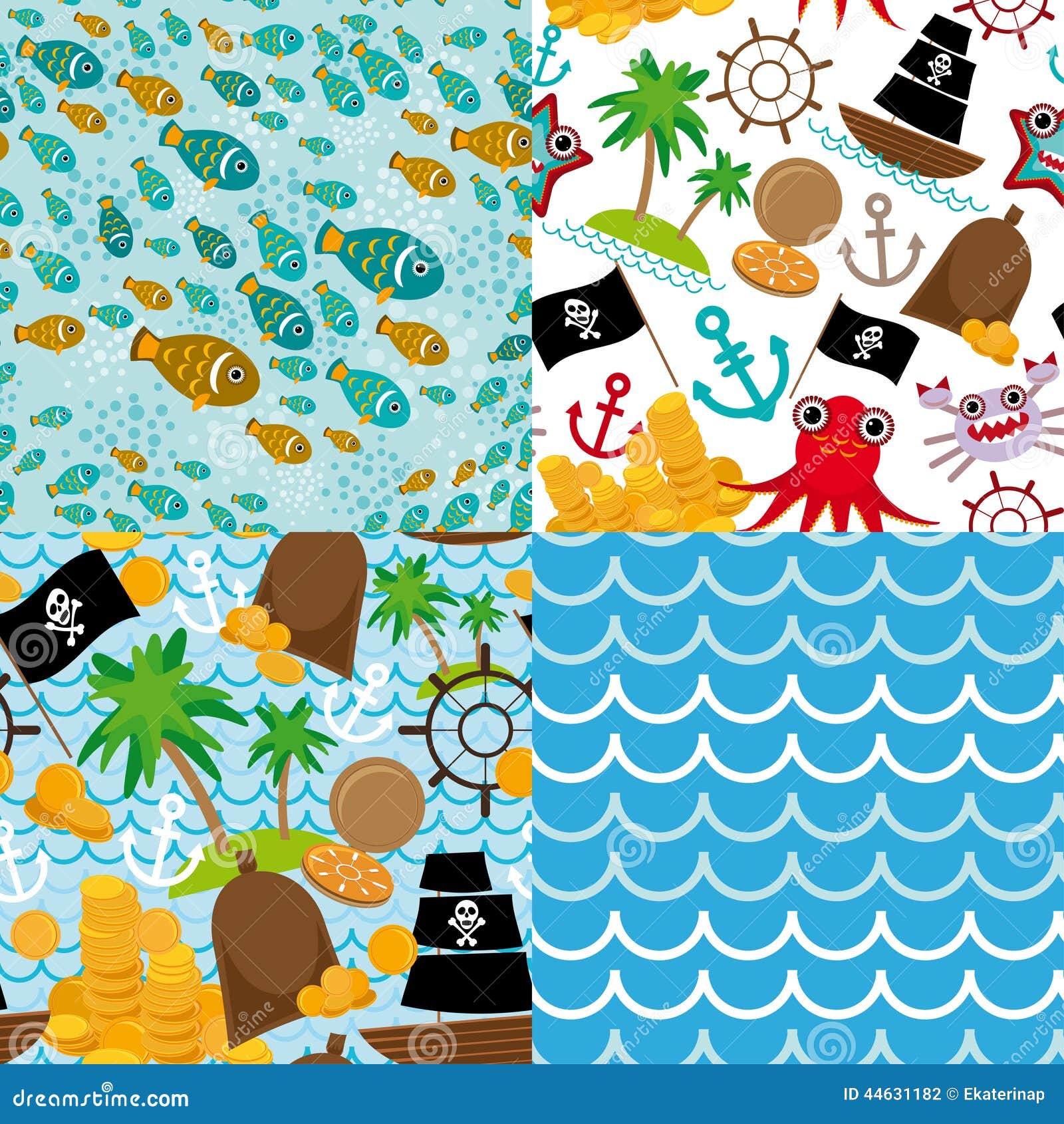 4 Seamless Background Set of Pirate Island Colorful Kids Retro Pattern ...