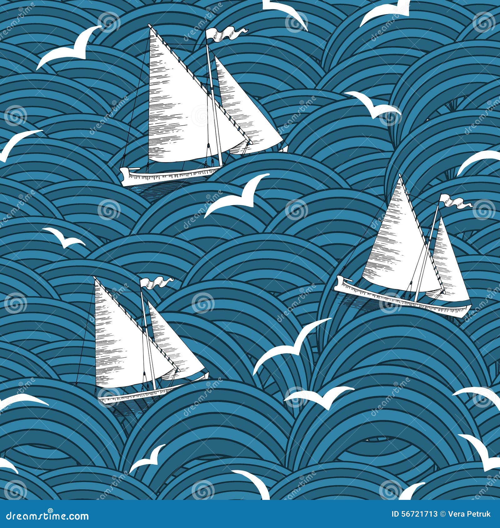 Ships On The Waves, Sailing Medieval Ship. Seascape. Vector ...