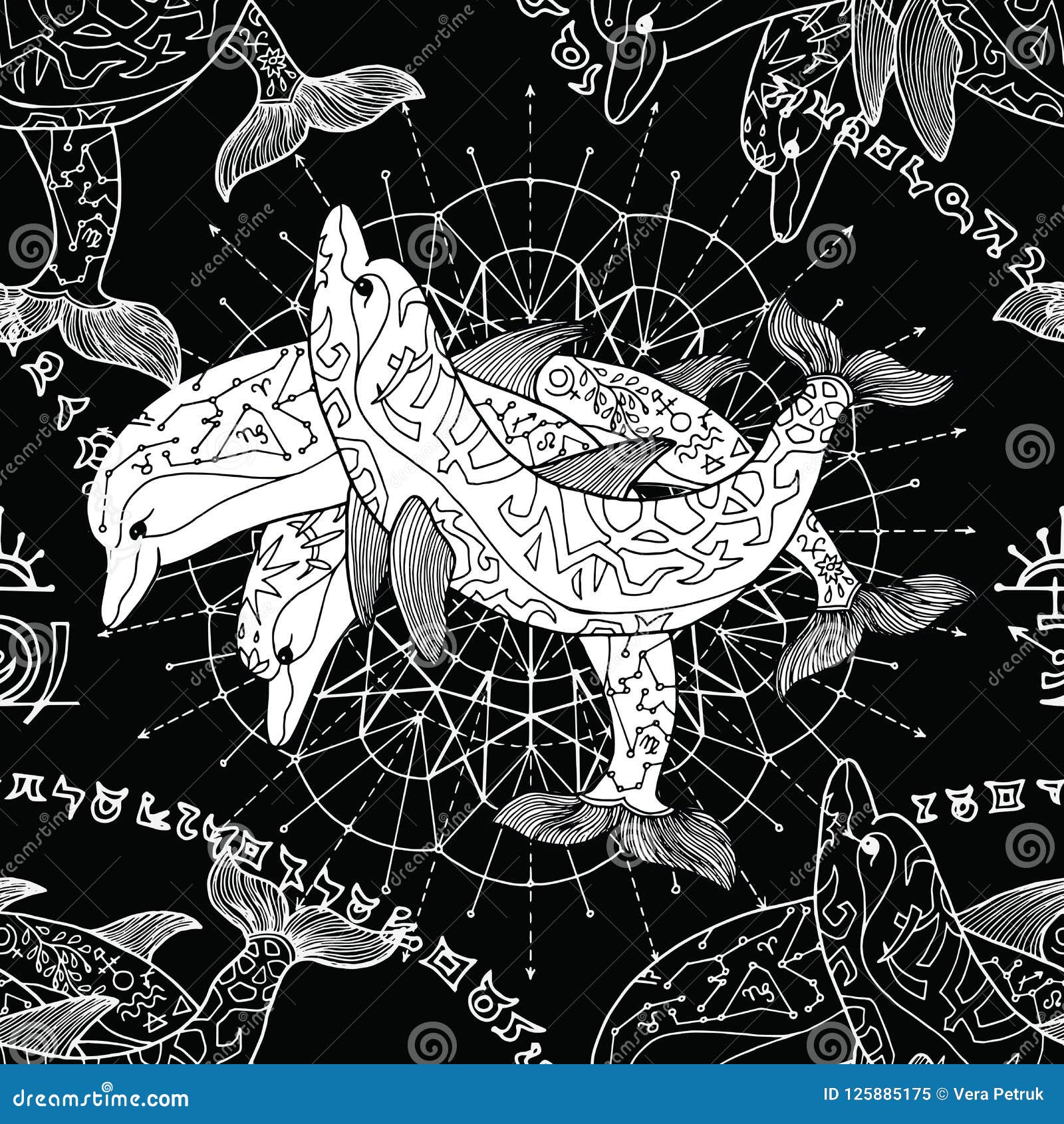 Seamless Background with Silhouettes of Three Dolphins and Pattern ...