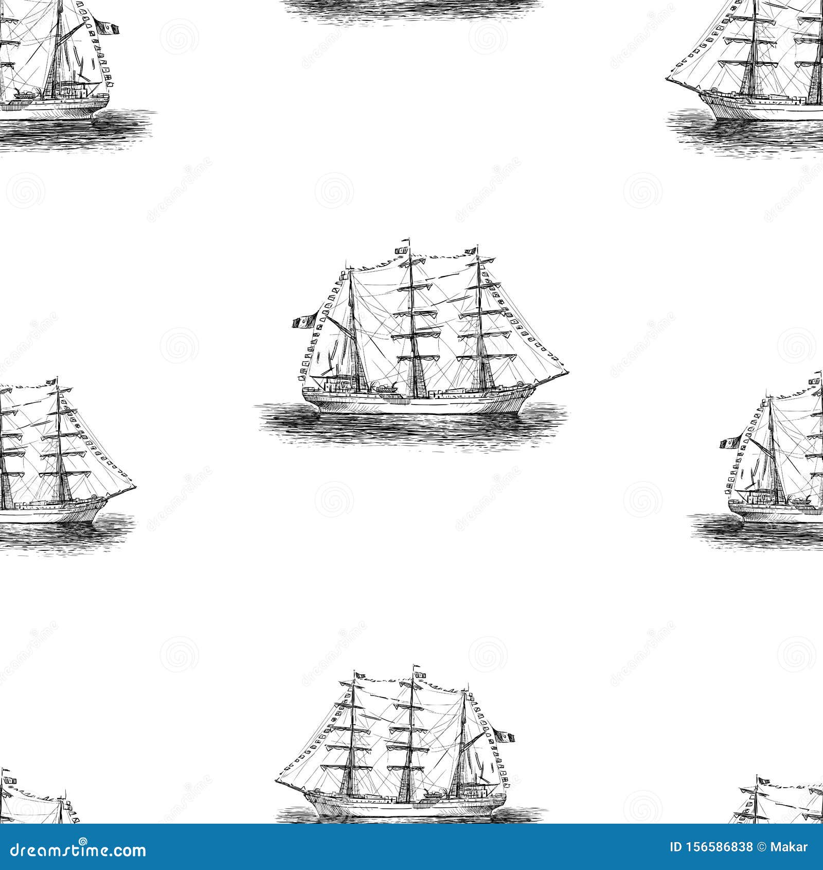 Seamless Background of Sketches of Old Sailing Ships Stock Vector ...