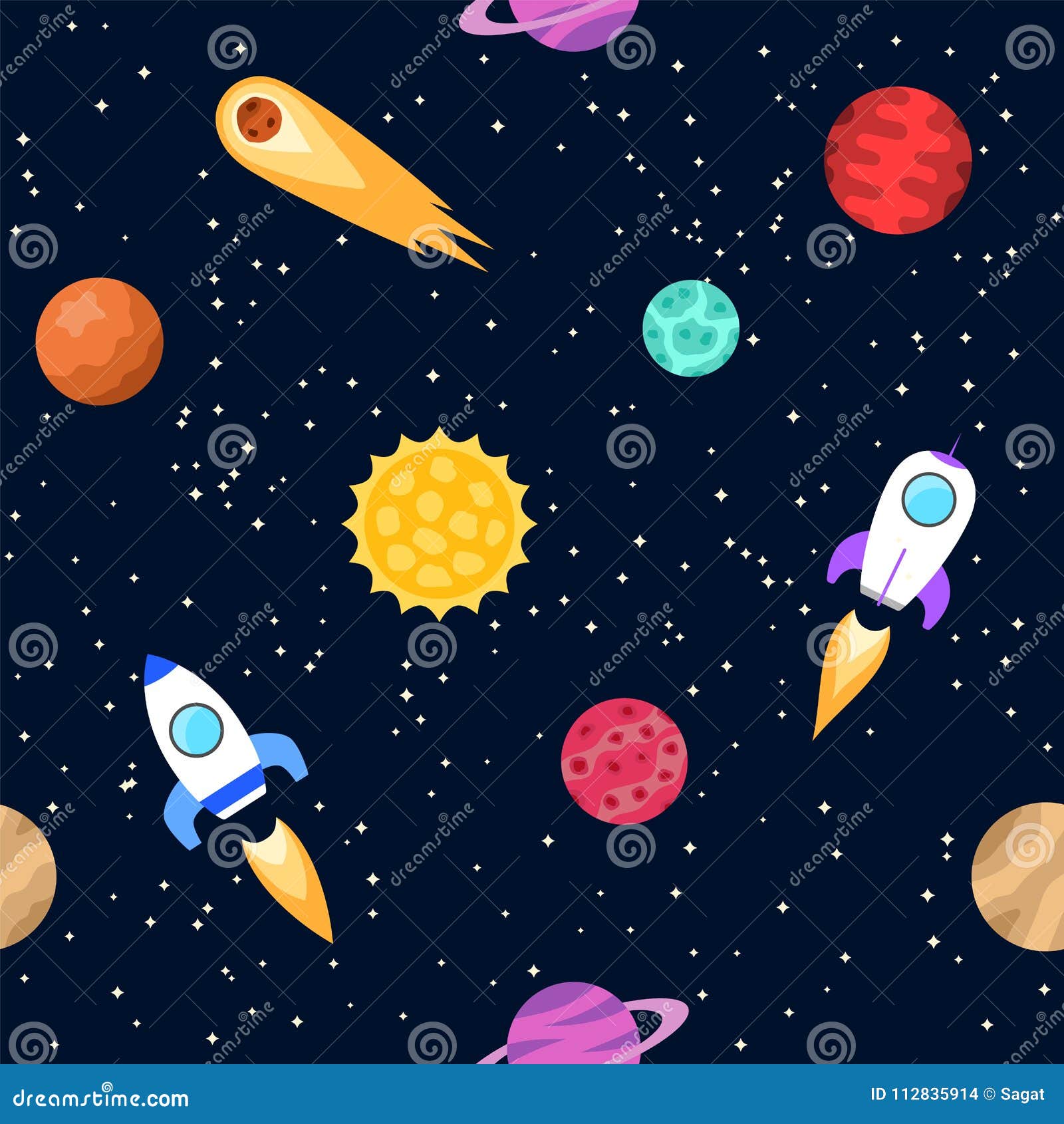 Seamless Background of Space Objects. Planets, Spaceships. Stock Vector ...