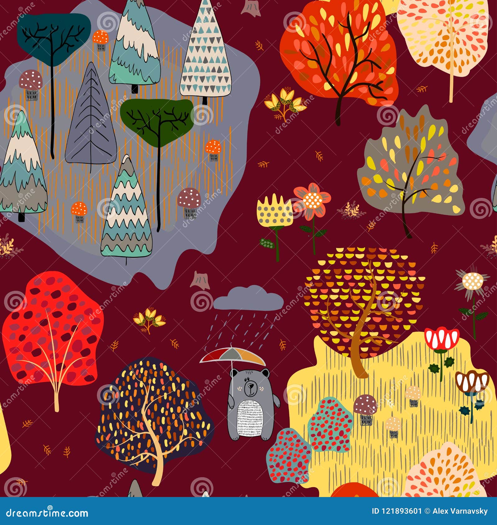 Seamless Background with Stylized Autumn Trees. Forest Bright Pattern ...