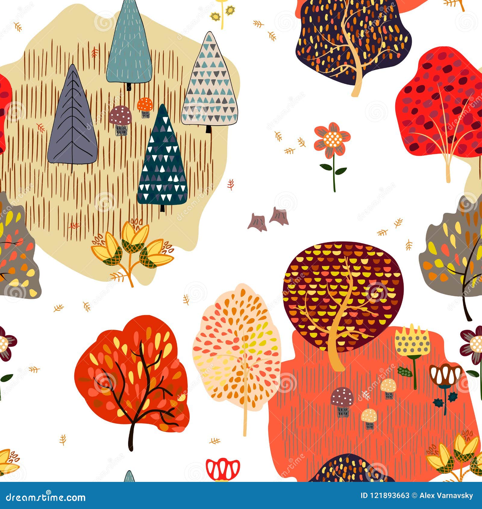 Seamless Background with Stylized Autumn Trees. Forest Bright Pattern ...