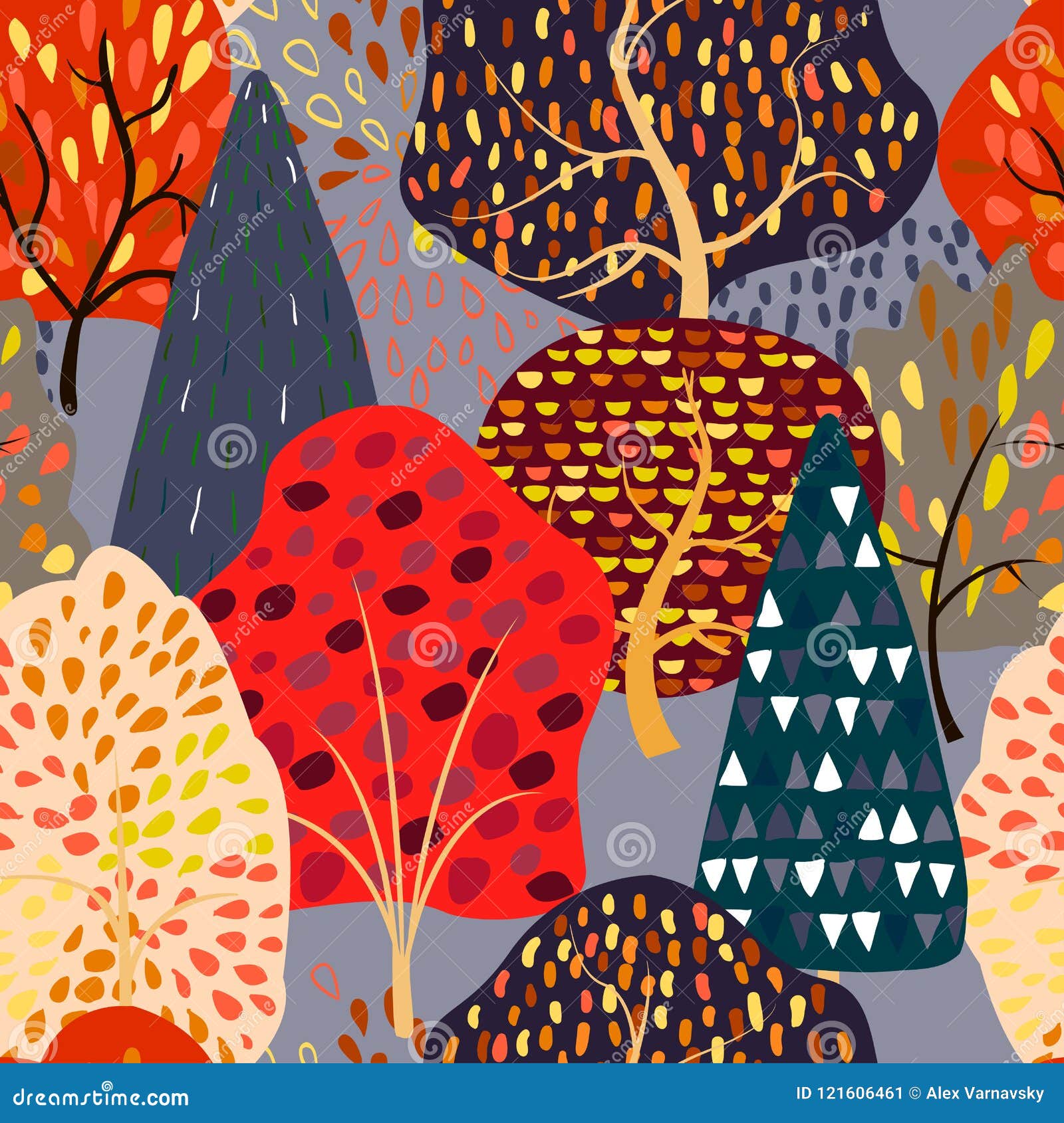 Seamless Background with Stylized Autumn Trees. Forest Bright Pattern ...