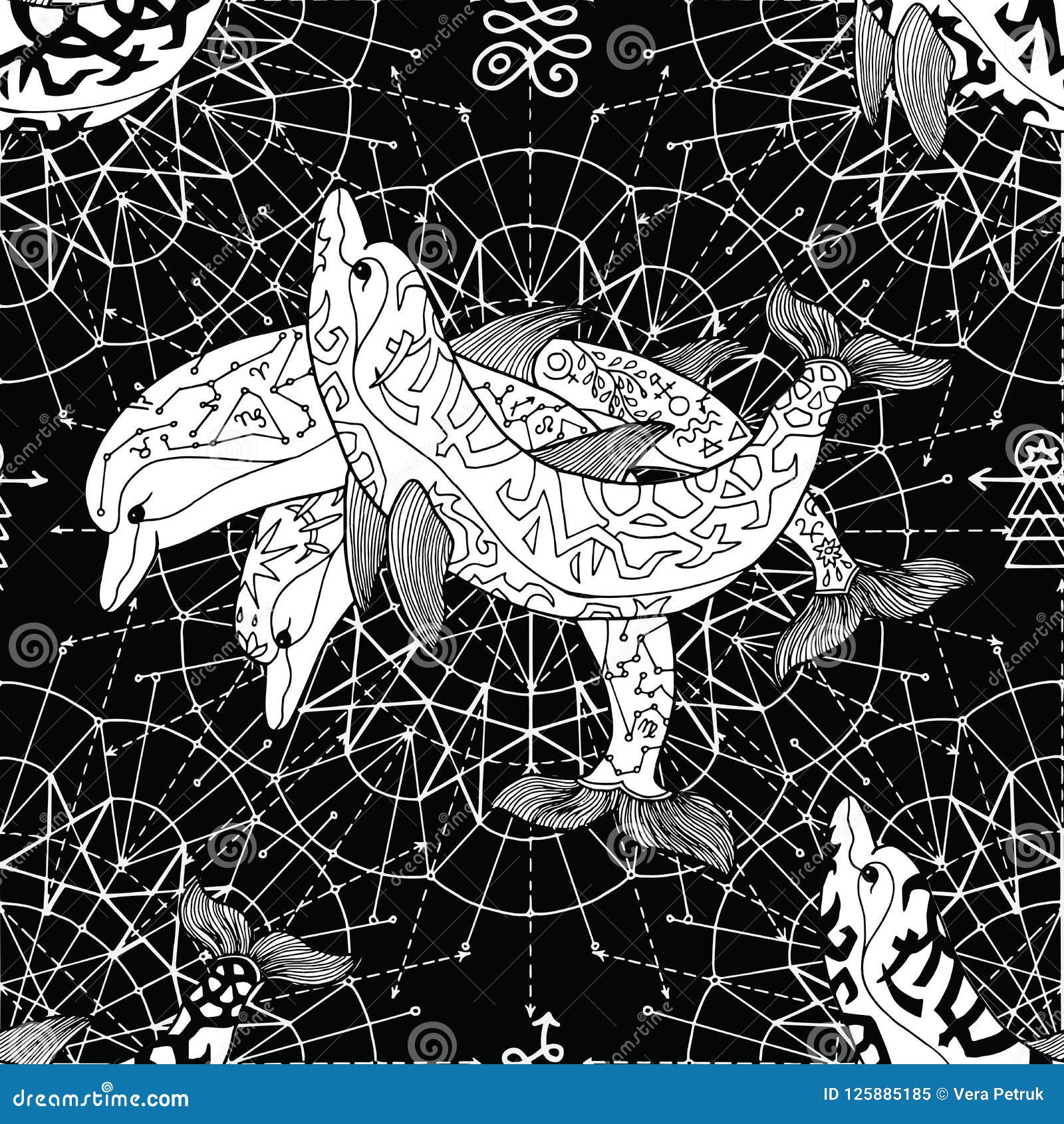 Seamless Background with Three Dolphins and, Pattern Circles on Black ...